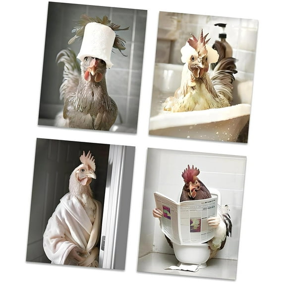 Hotbar Chicken Bathroom Wall Decor Prints Set of 4, Funny Farm Posters ...