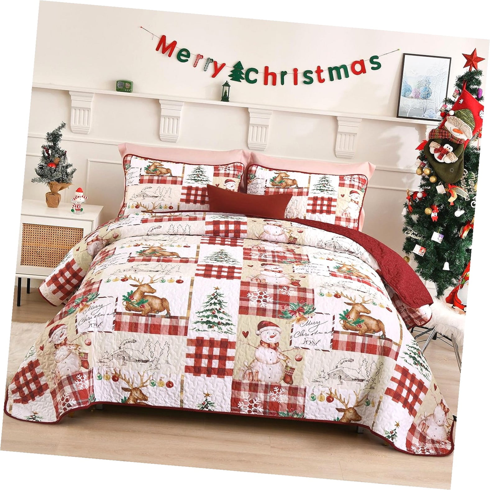 Hotbar Christmas Patchwork Quilt Set Queen Size 3 Pieces Red Reindeer ...