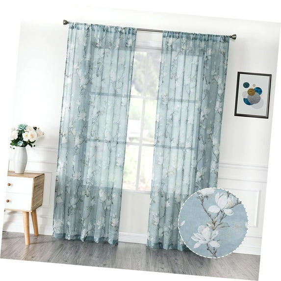 Hotbar Floral Blue Sheer Curtain Print Vine Embroidery Bedroom Curtains ...