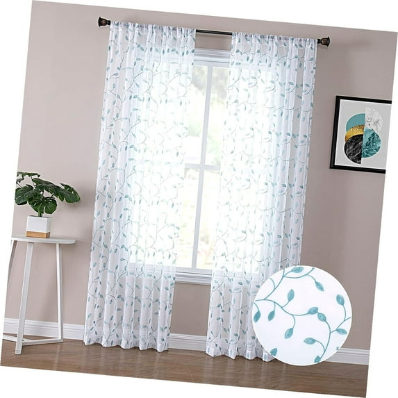Hotbar Leaves Sheer Curtain Teal Blue Embroidery Living Room Curtains ...