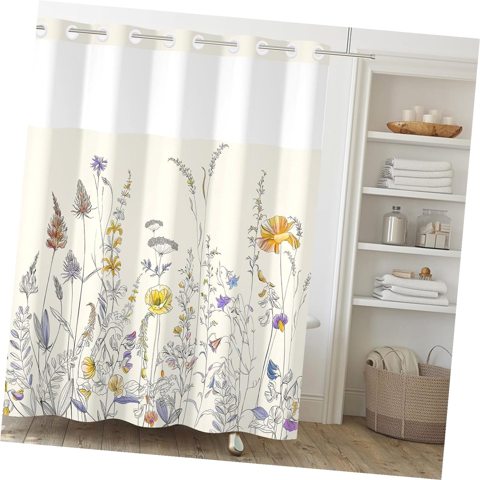 Hotbar No Shower Curtain, Minimalist Floral Double-Layered Shower ...