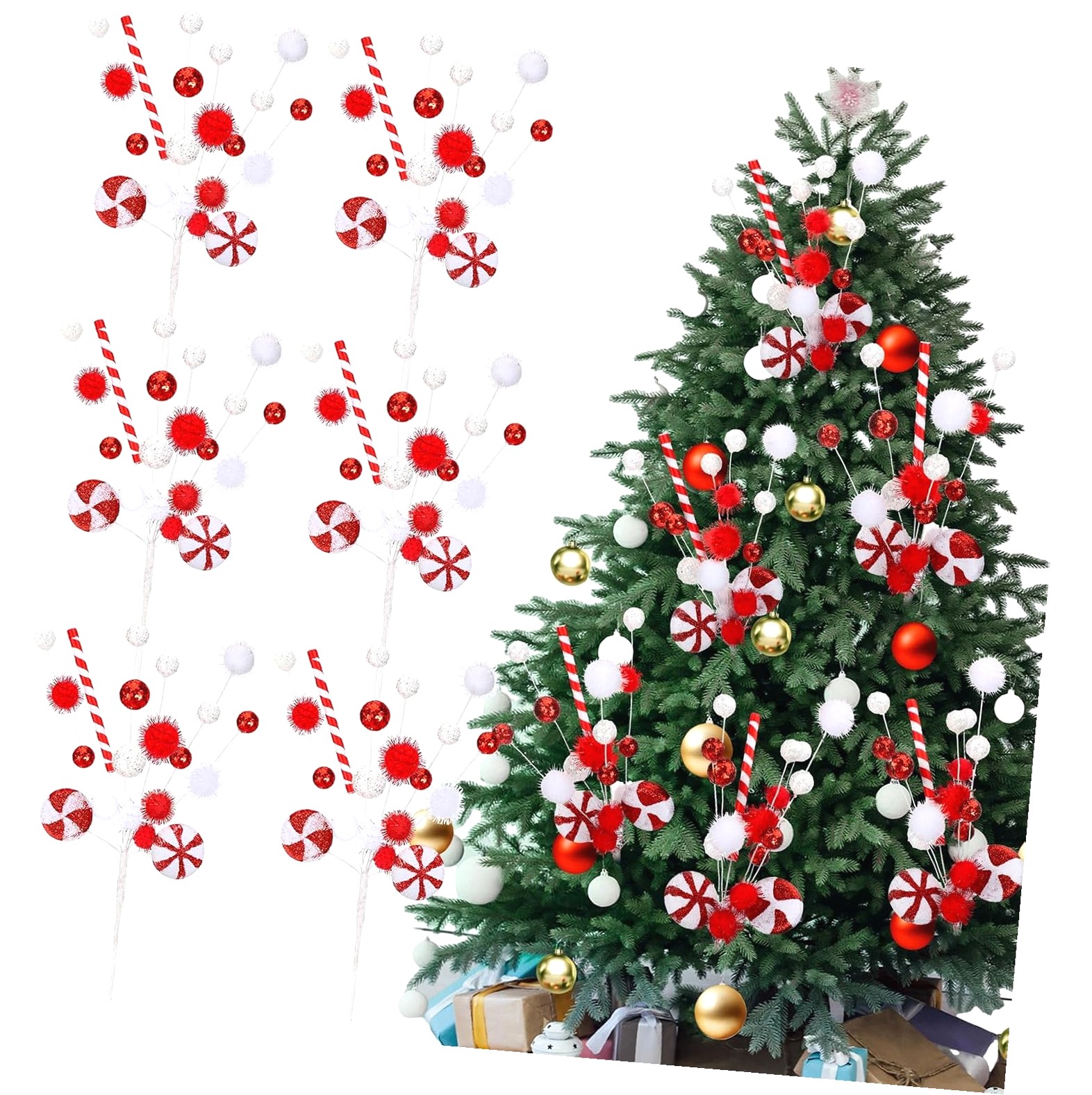 Hotbar Red and White Christmas Tree Picks Decoration Candy Curly Pick ...