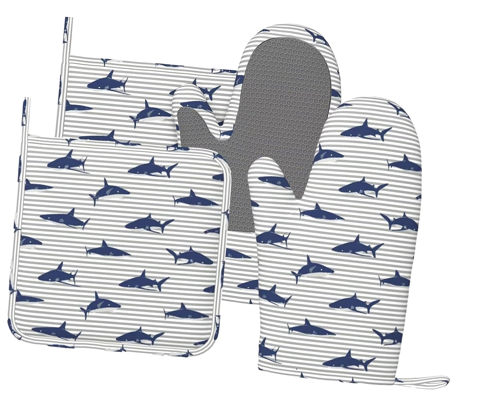 Hotbar Sharks and Pot Holders Sets Blue Grey Stripes Kitchen Hot ...