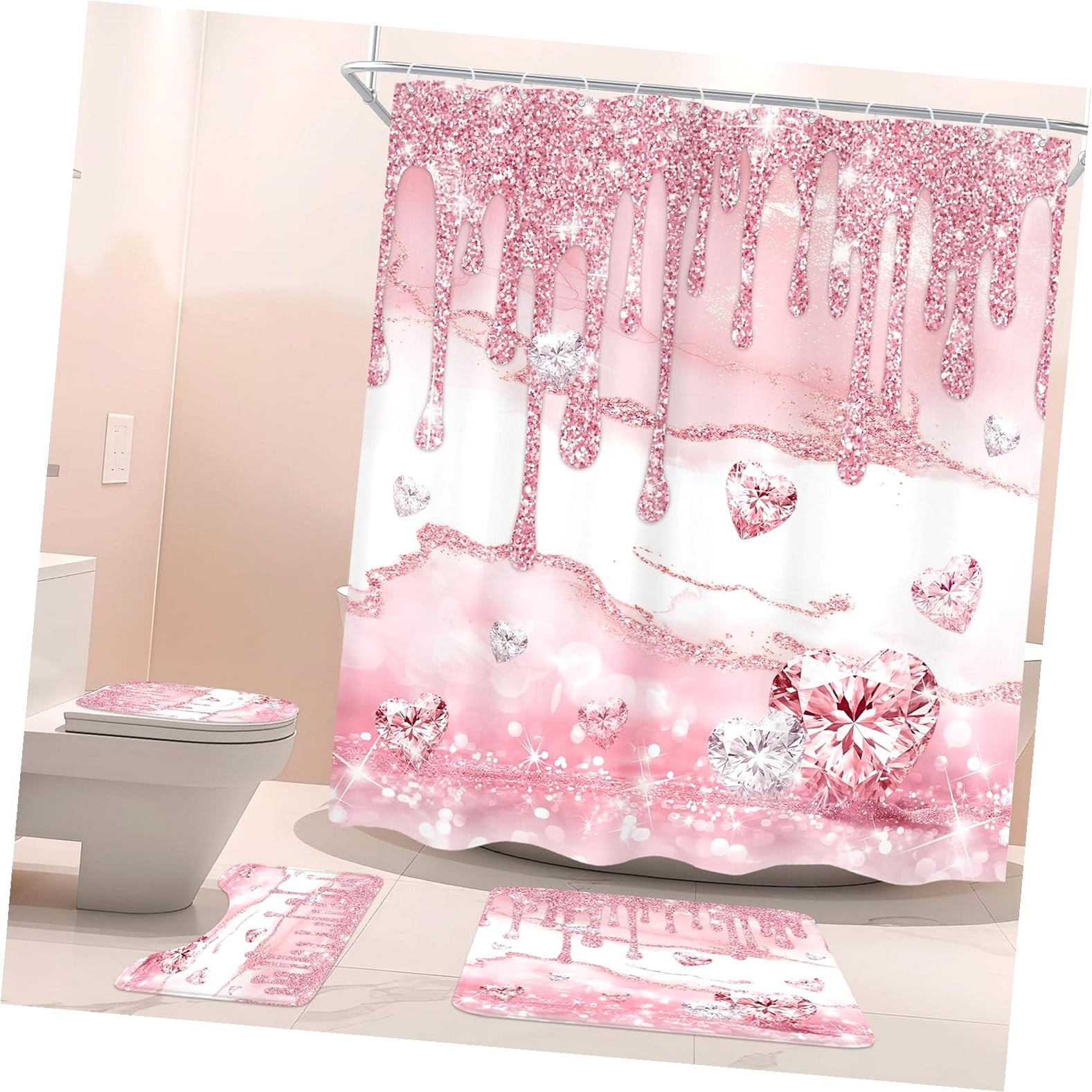 Hotbar Shower Curtain Set, Rose Bling Bathroom Curtain with Rug, Toilet ...