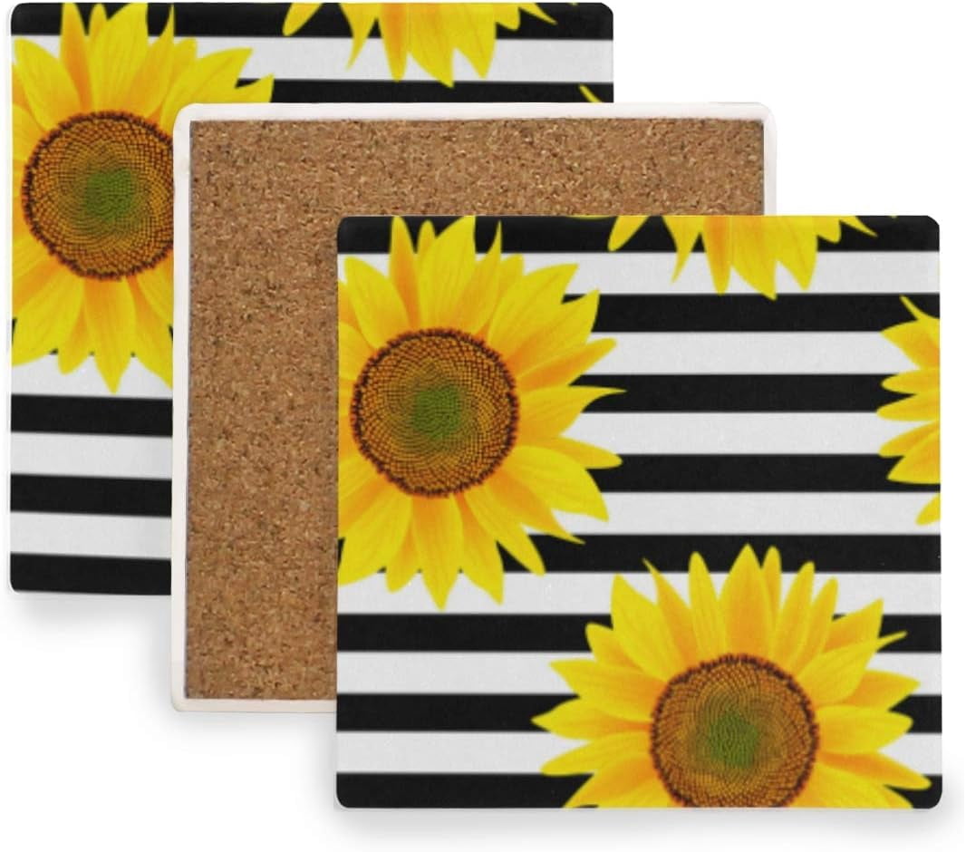 Hotbar Sunflowers on Black and White Striped Drink Coasters Absorbent ...