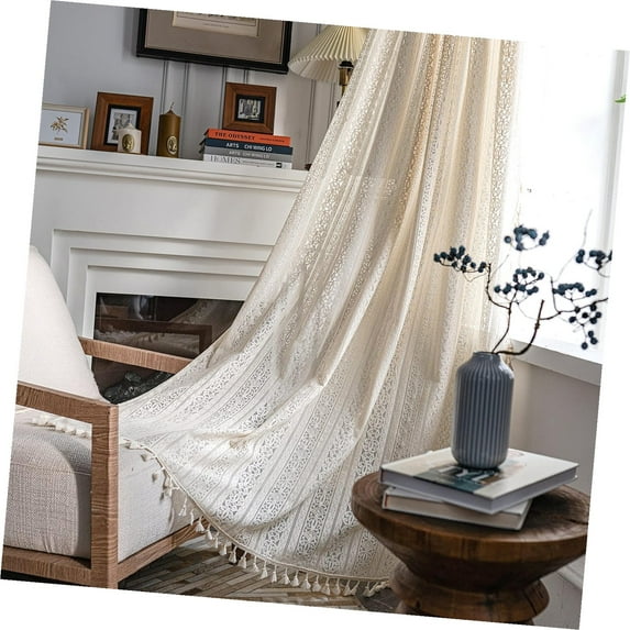 Hotbar Sutuo Curtain Lace Semi-Sheer Florals Hollow Knitted Tassels, Rod Pocket Window Farmhouse ...