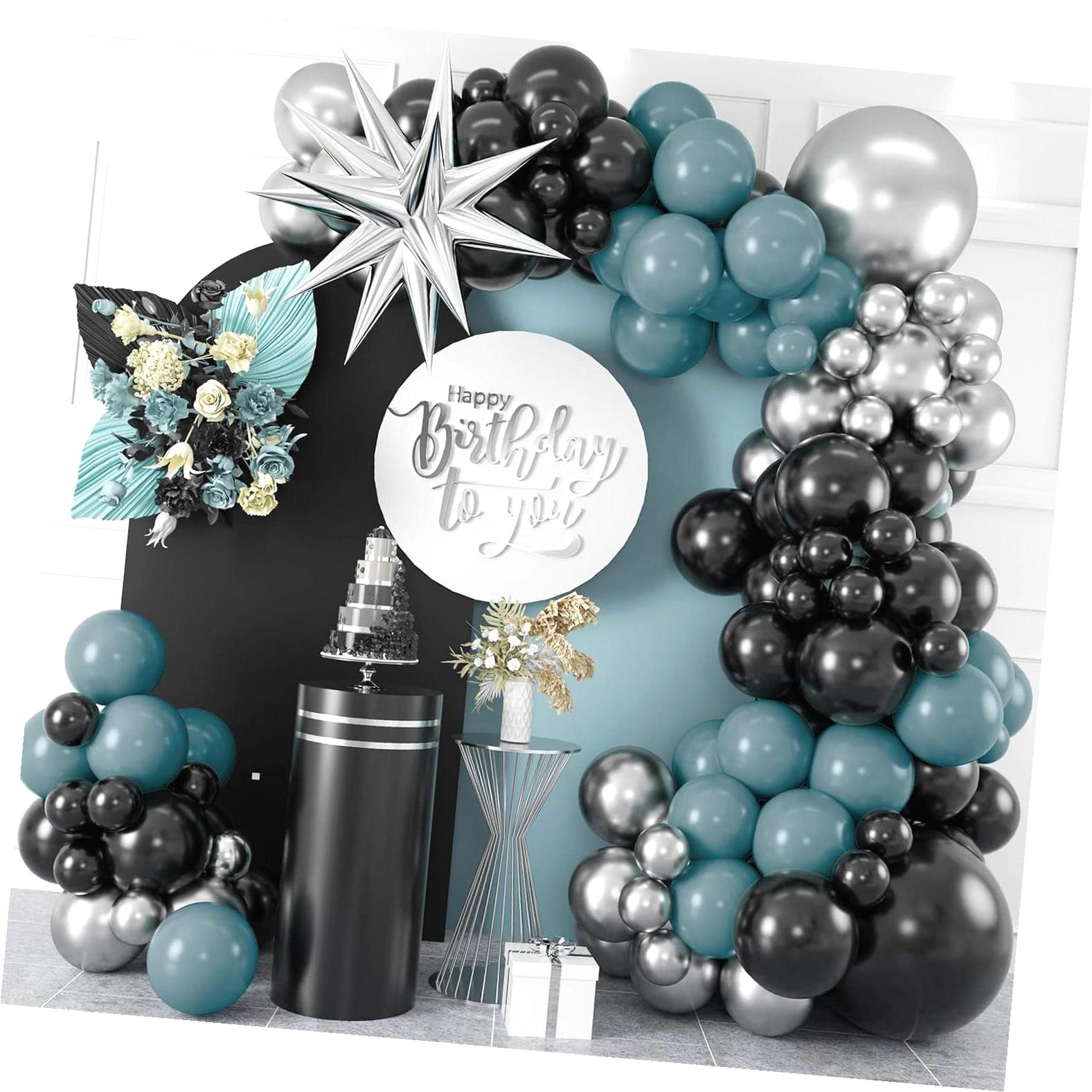 Hotbar Teal Blue Black Silver Balloon Garland Arch Set with Large ...