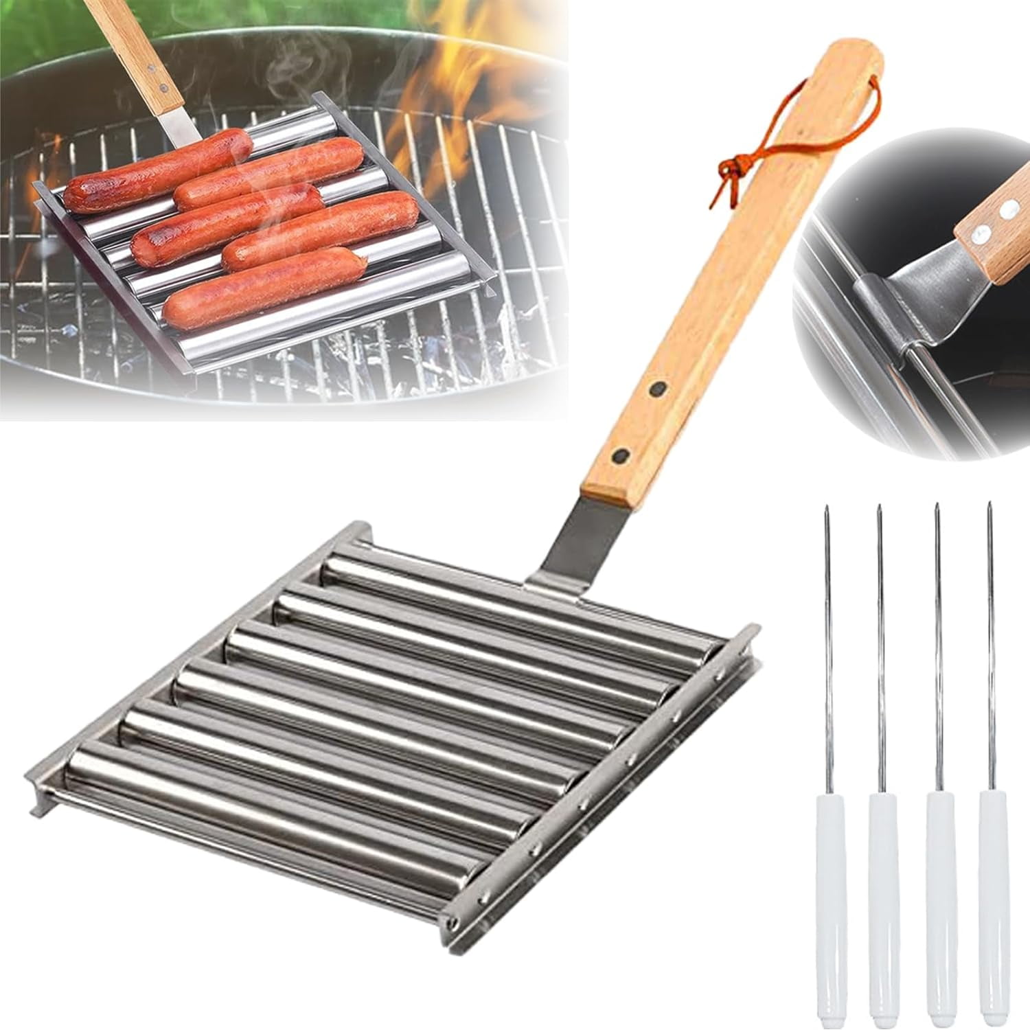 Hotdog Roller Grill, Stainless Steel Sausage Roller with Long Wood ...