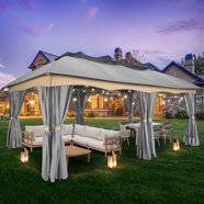 Aoxun 10x10 Hardtop Patio Gazebo, Steel Frame Pavilion with Curtains and Netting, Brown ...