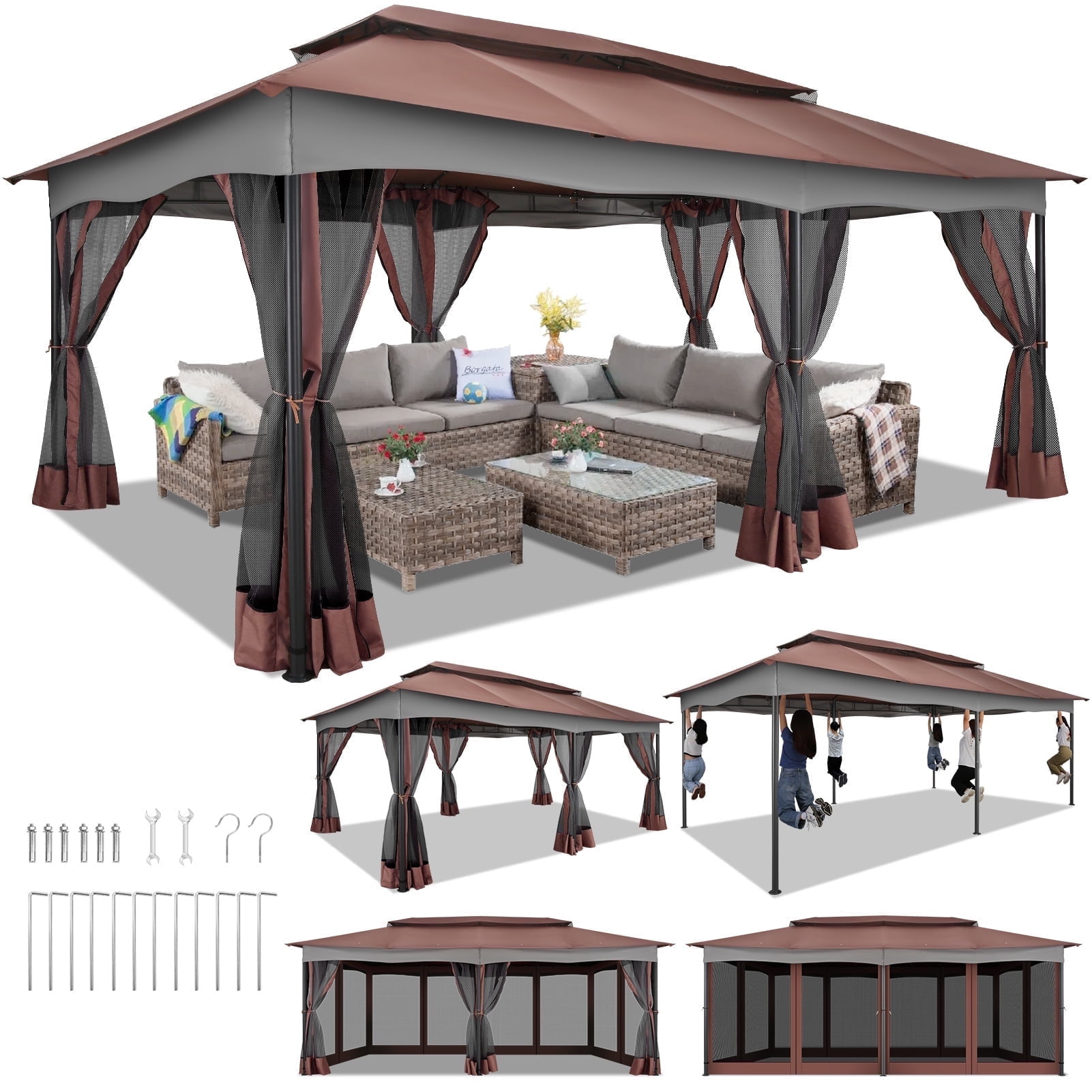 Hoteel 12x20 Heavy Duty Outdoor Gazebo with 6 Mosquito Netting, 100% ...