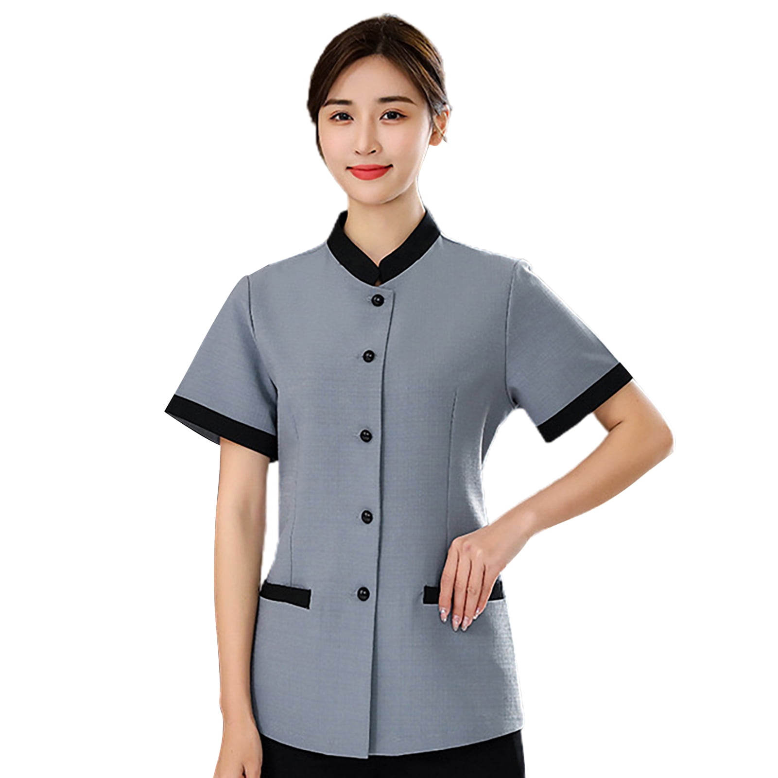 Hotel Housekeeping Uniform Women Slim Fit Top Stand Collar Short Sleeve ...