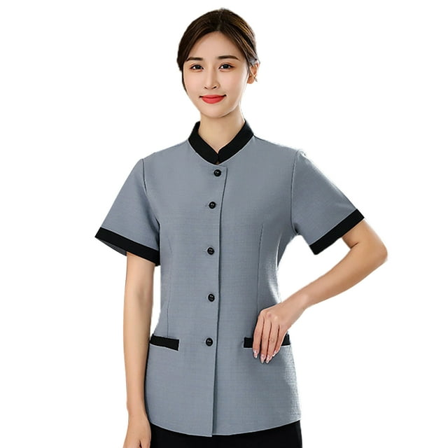 Hotel Housekeeping Uniform Women Slim Fit Top Stand Collar Short Sleeve ...