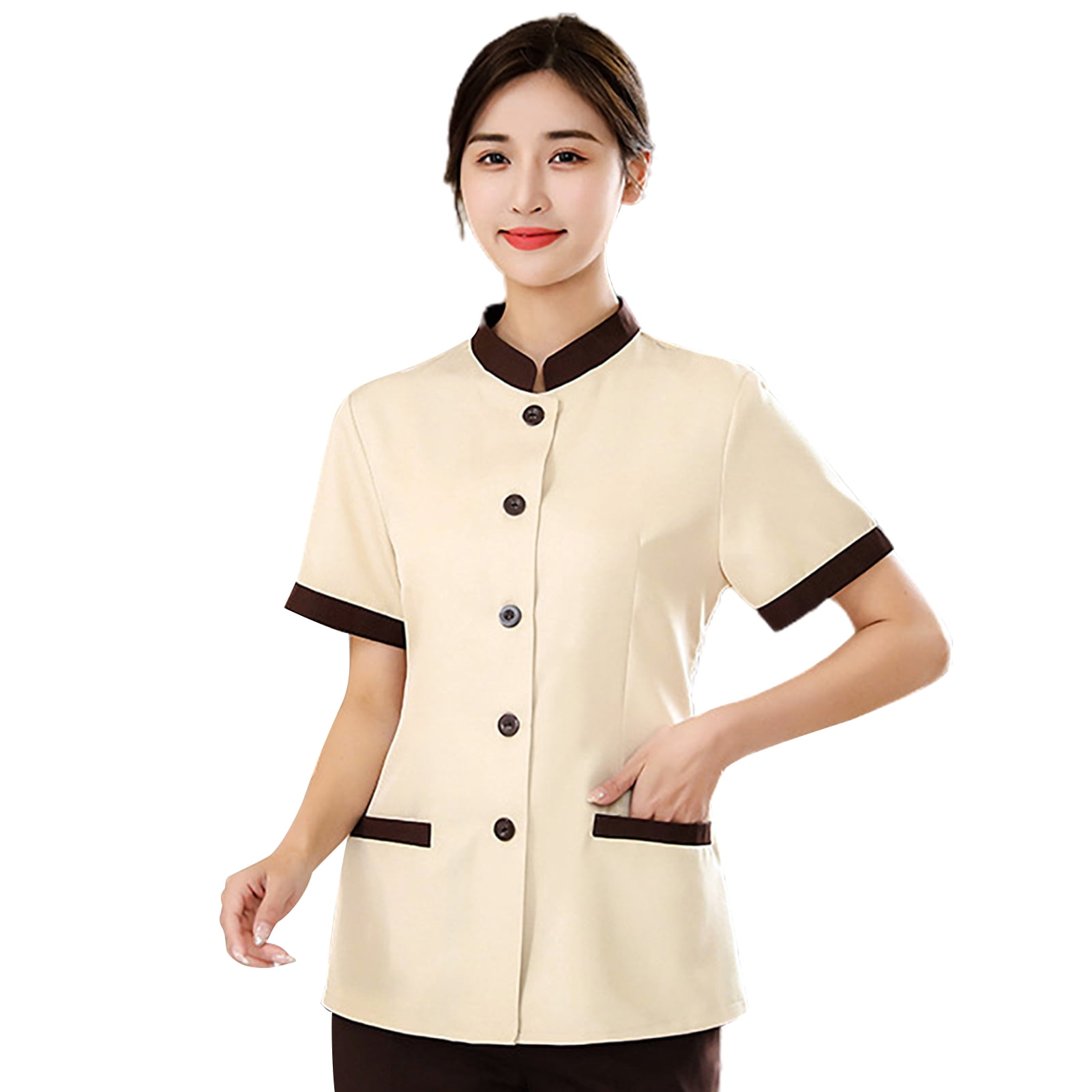 Hotel Housekeeping Uniform Women Slim Fit Top Stand Collar Short Sleeve ...