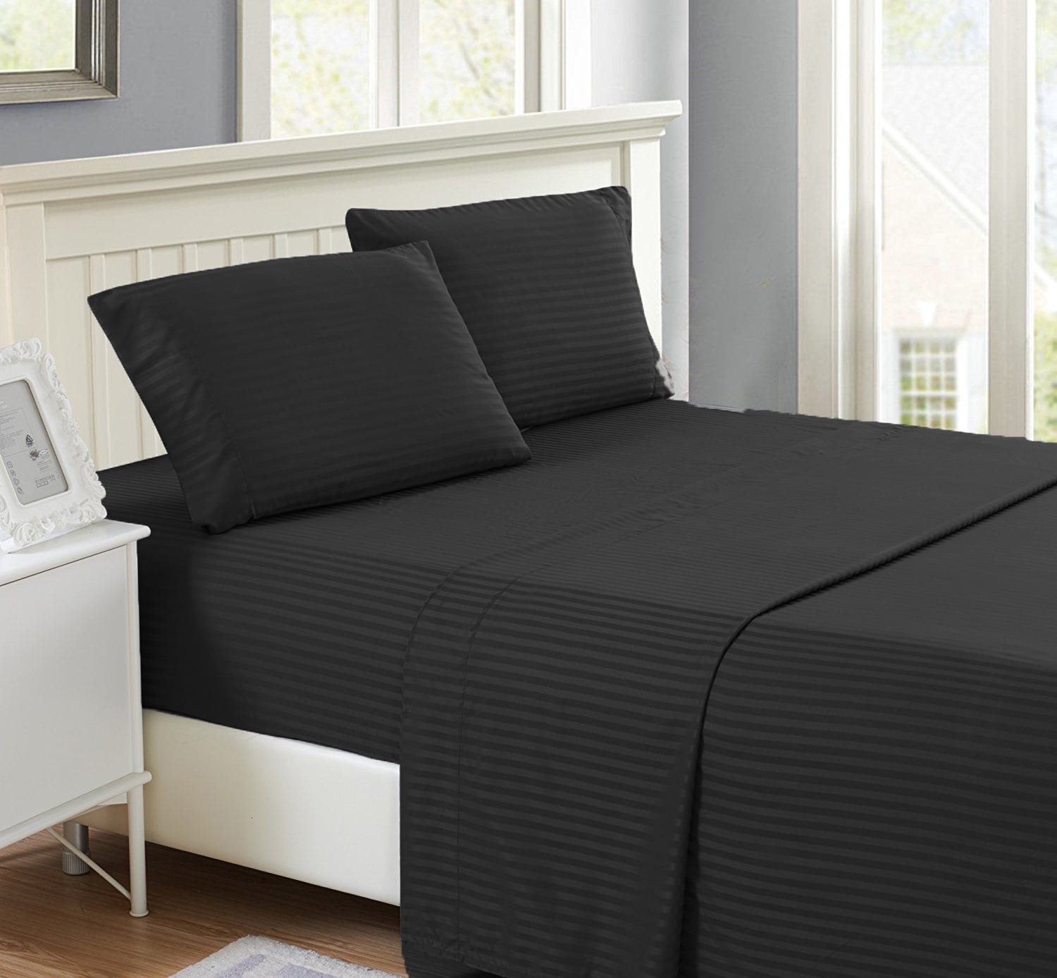 Hotel Quality Sheet-Set Full Size – Stripe Black Luxury Double Brushed ...
