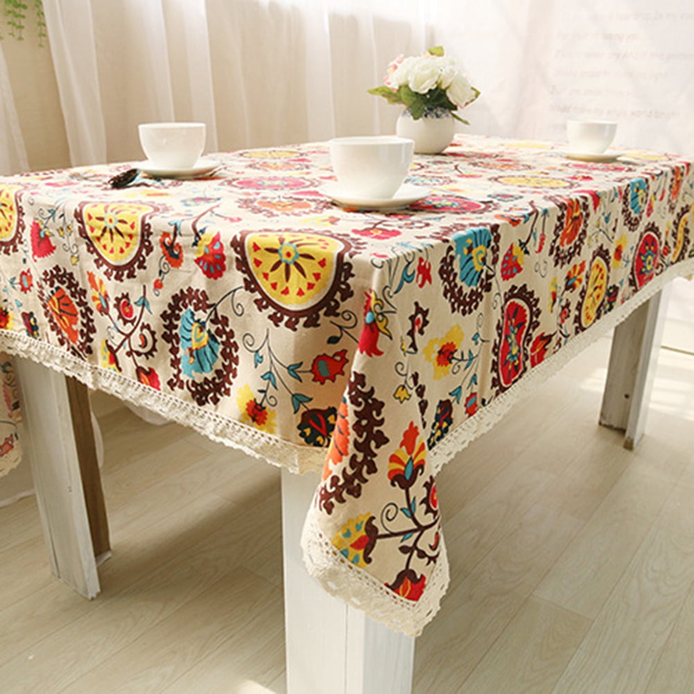 Hotian Boho Patchwork Floral Lace Trim Decorative Linen Fall Tablecloth ...