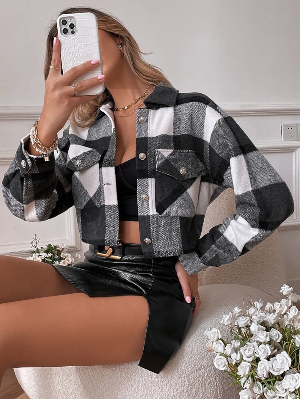 Hotian Women Plaid Crop Jacket Long Sleeve Womens Shacket With Pocket ...