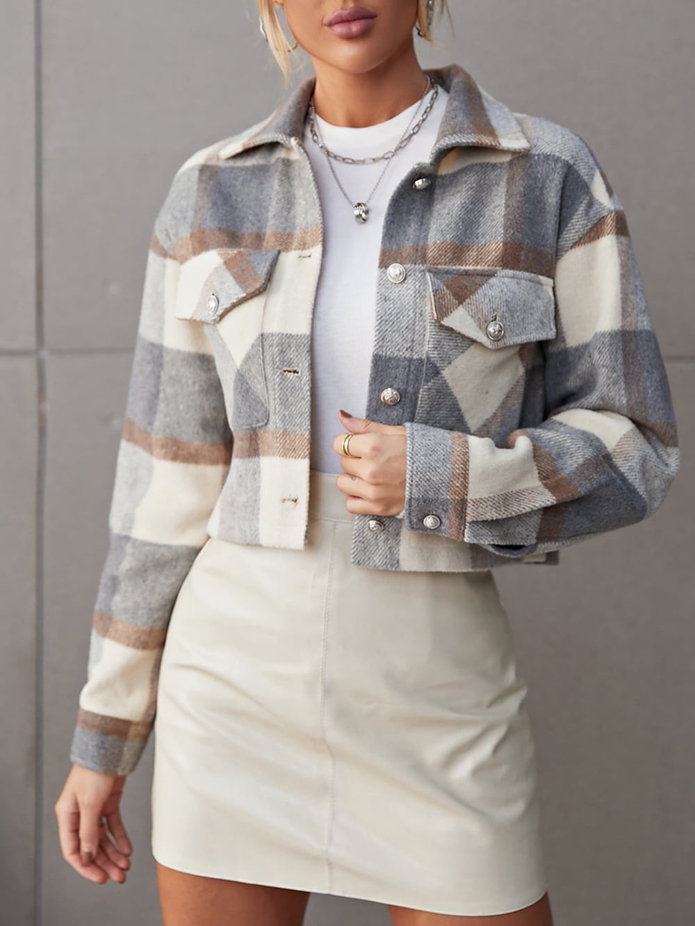 Hotian Women Plaid Crop Jacket Long Sleeve Womens Shacket With Pocket ...
