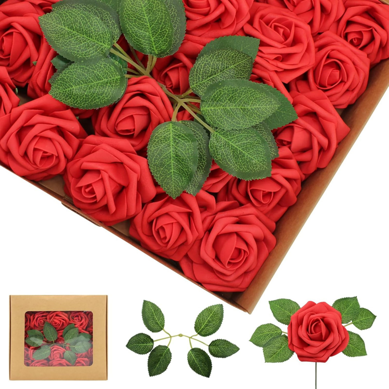 Hotiary Artificial Flower Rose, 25pcs Real Looking Fake Roses w/Stem ...