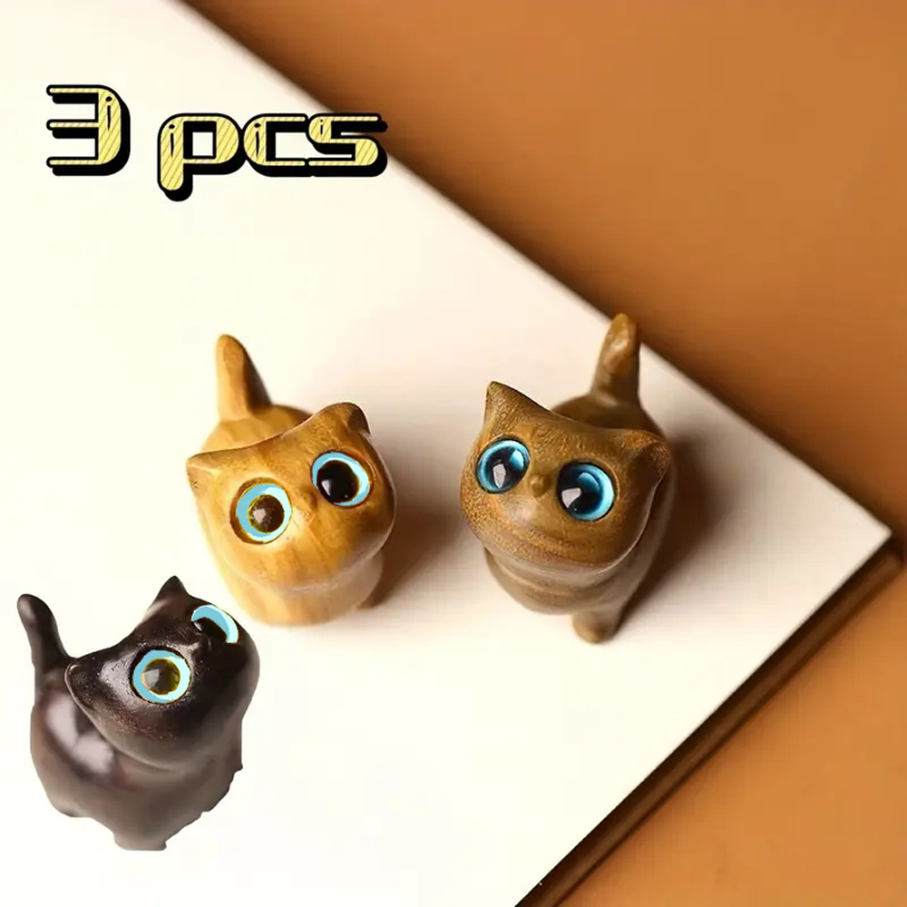 Hotpom 3pcs Hand Carved Wood Cat, Friendly Wooden Cat Decor, Cute Desk ...