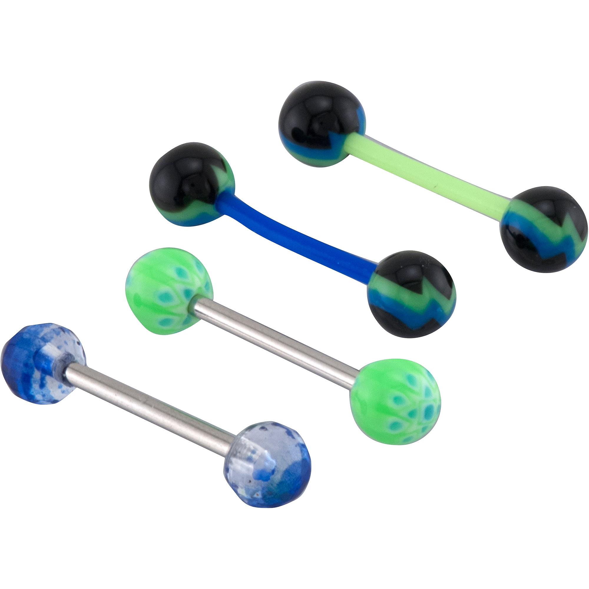Hotsilver Women's 14G Tongue Barbells in Blue Green and Black - 4 Pack ...