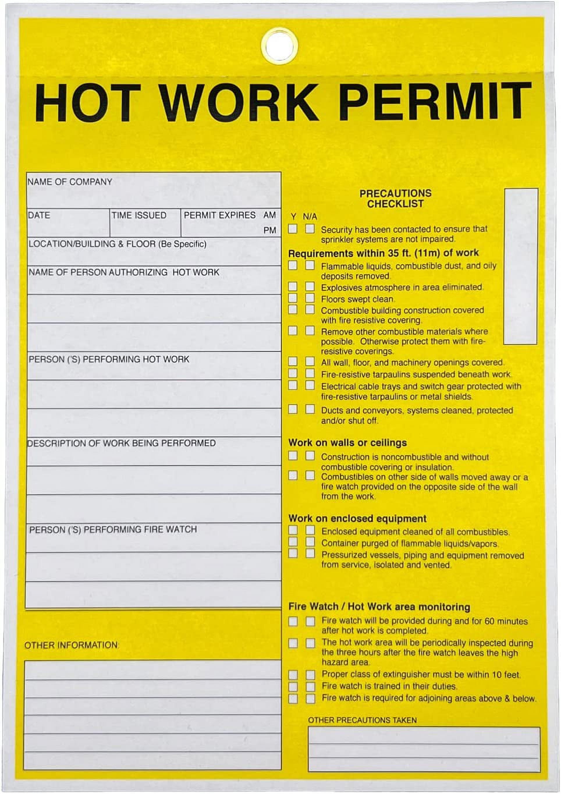 Hotwork Permit Status Tags, 2 Part Carbonless 5 5/8" x 8" Reinforced ...