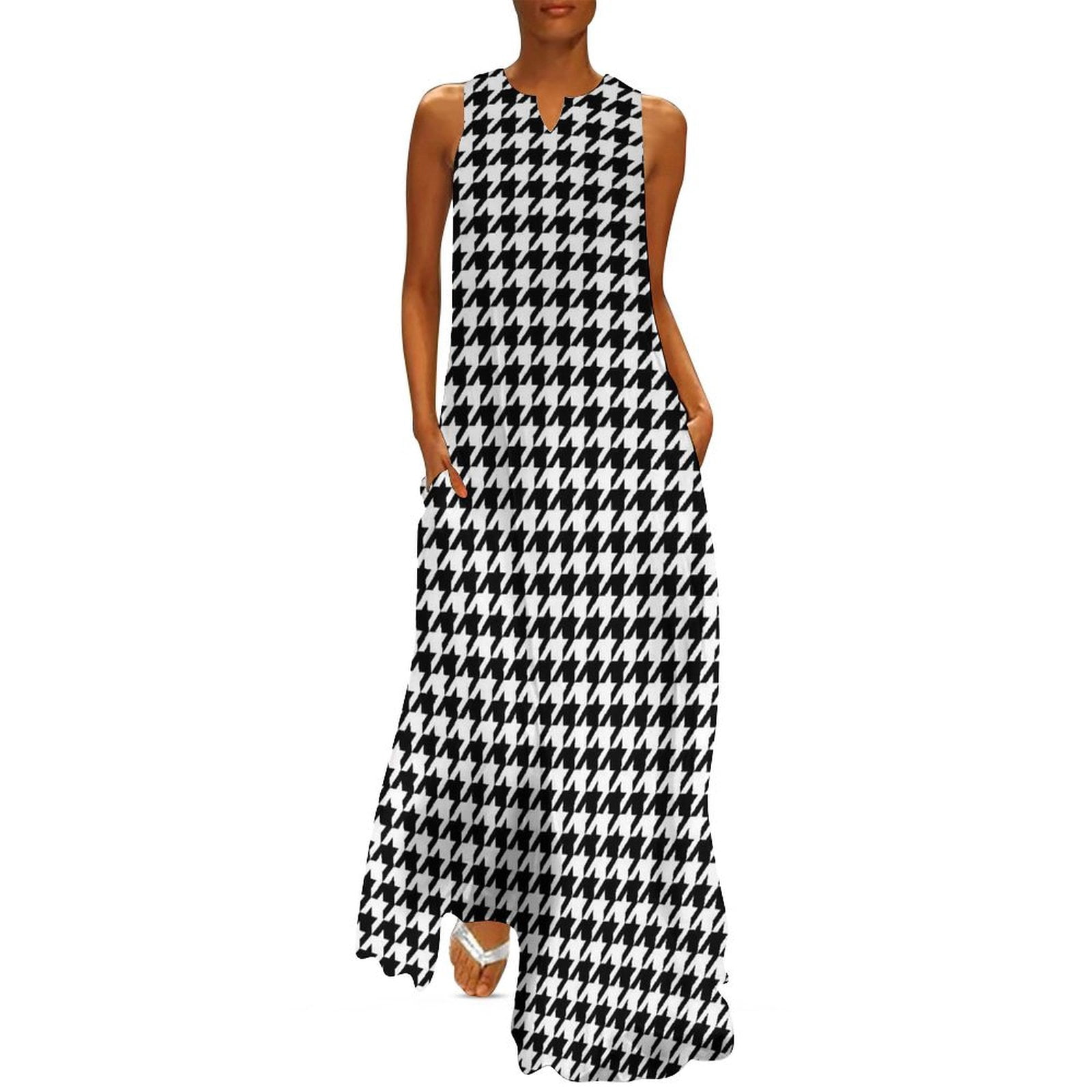 Houndstooth Check Dress Summer Classic Dog Tooth Streetwear Casual Long ...