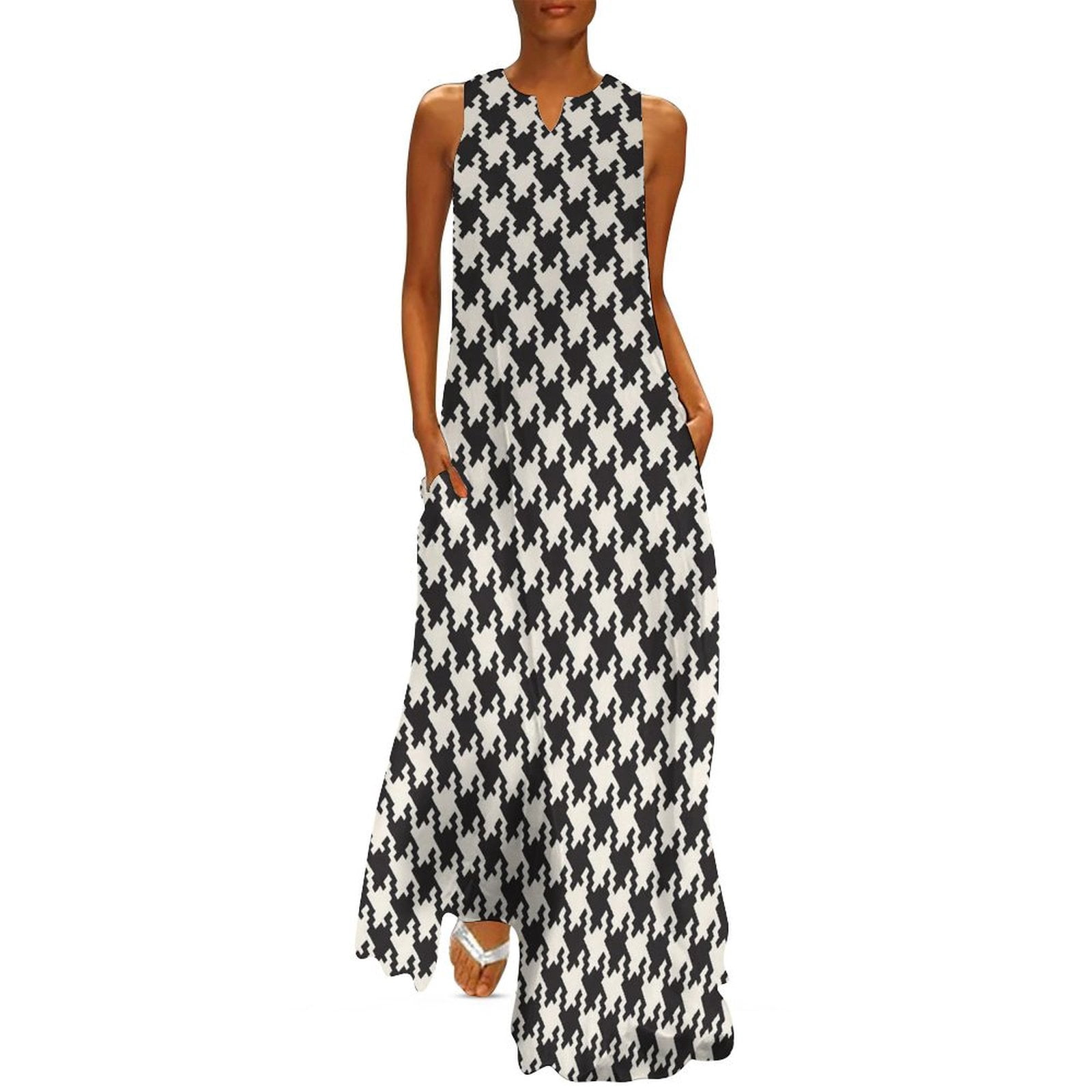 Houndstooth Check Dress Summer Classic Dog Tooth Streetwear Casual Long ...