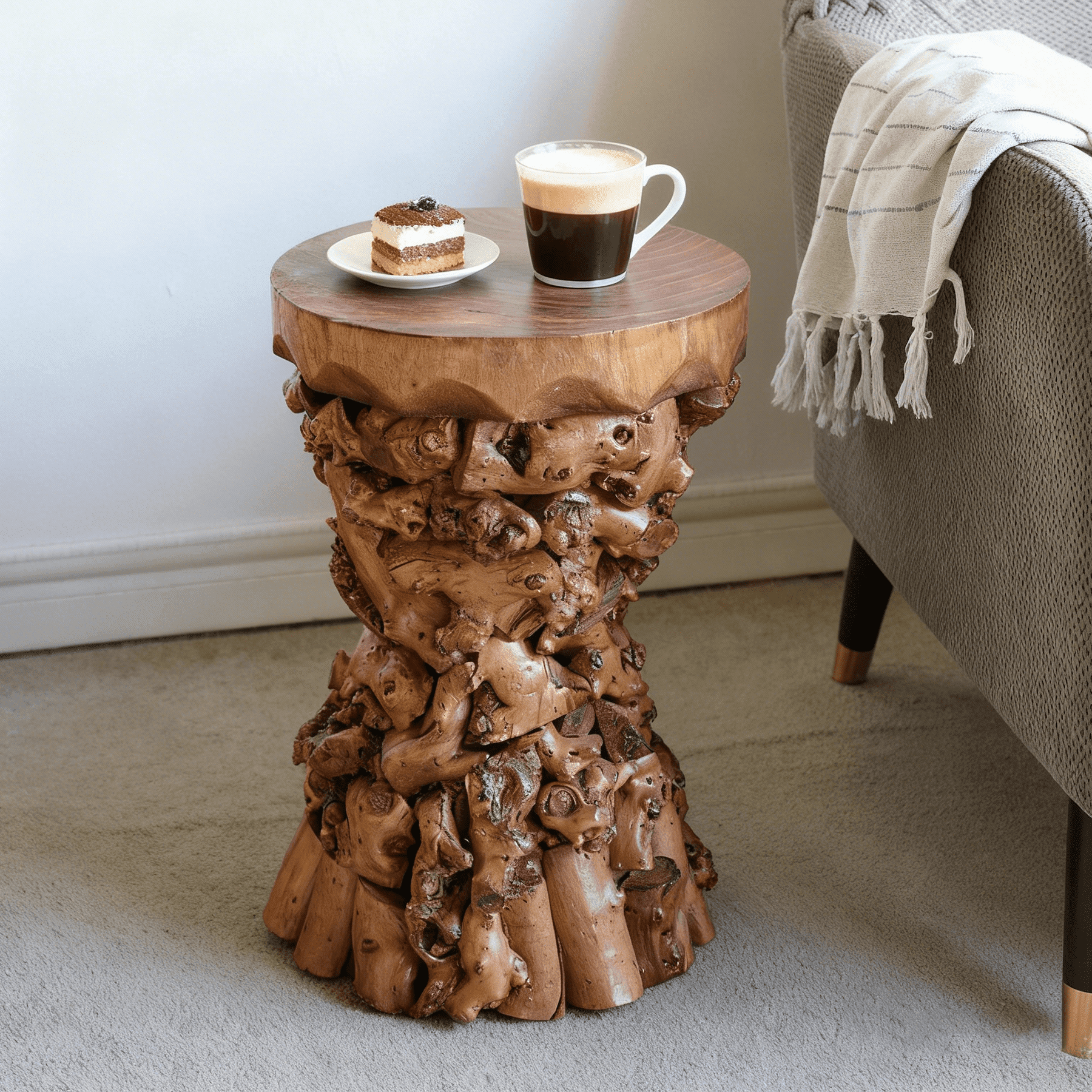 Hourglass Side Table with Tree Root Base Small Round Coffee Tables Boho ...