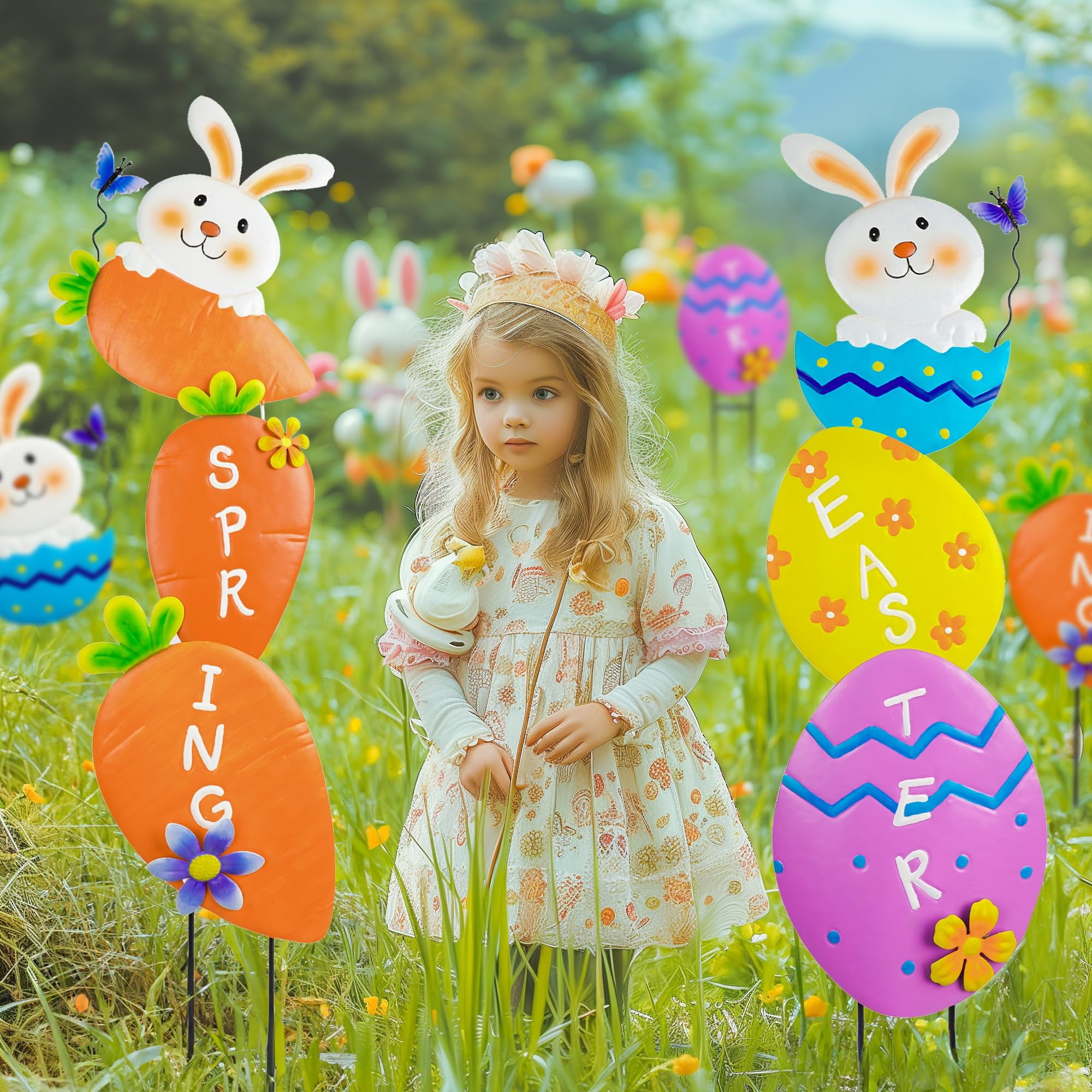 Hourleey Set of 6 Easter Decorations Outdoor, Metal Bunny Yard Stakes ...