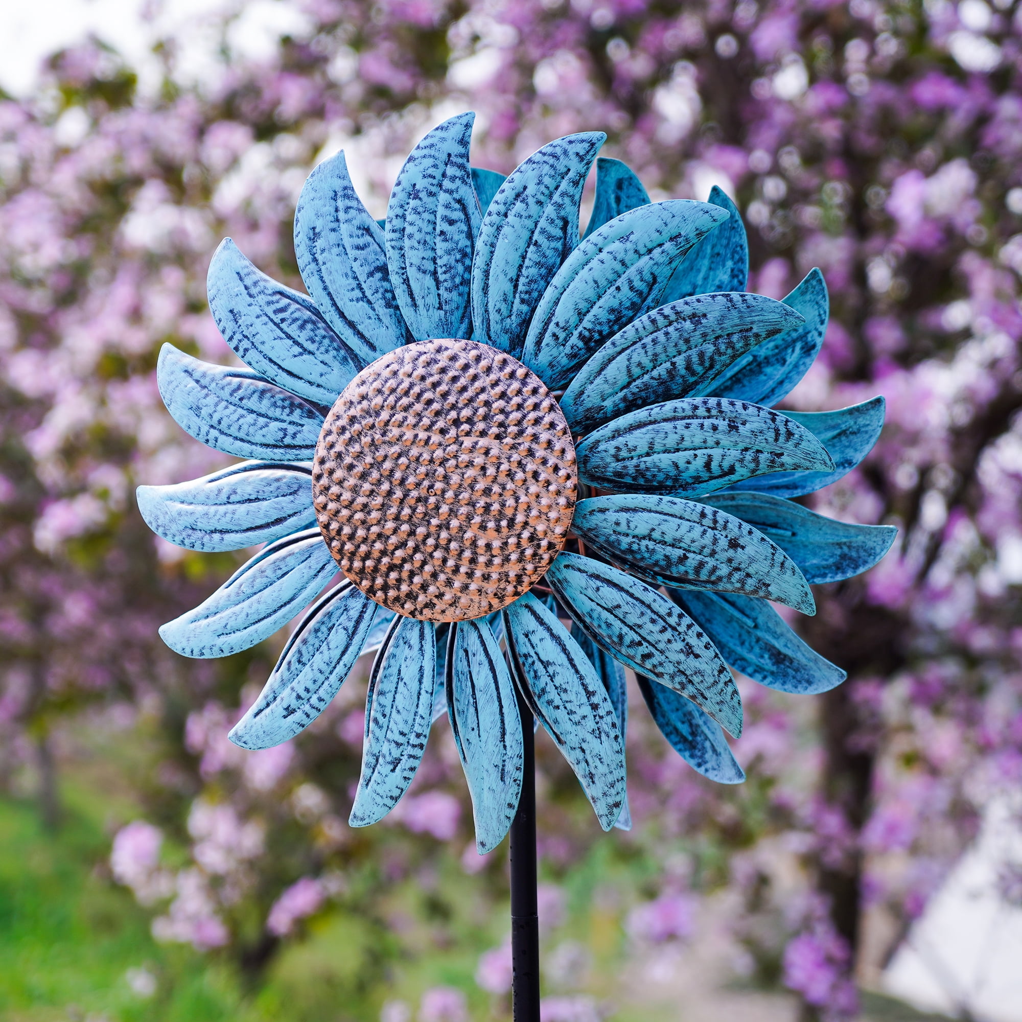 Hourpark 60'' Wind Spinner Blue Sunflower Metal Outdoor Garden Decor ...