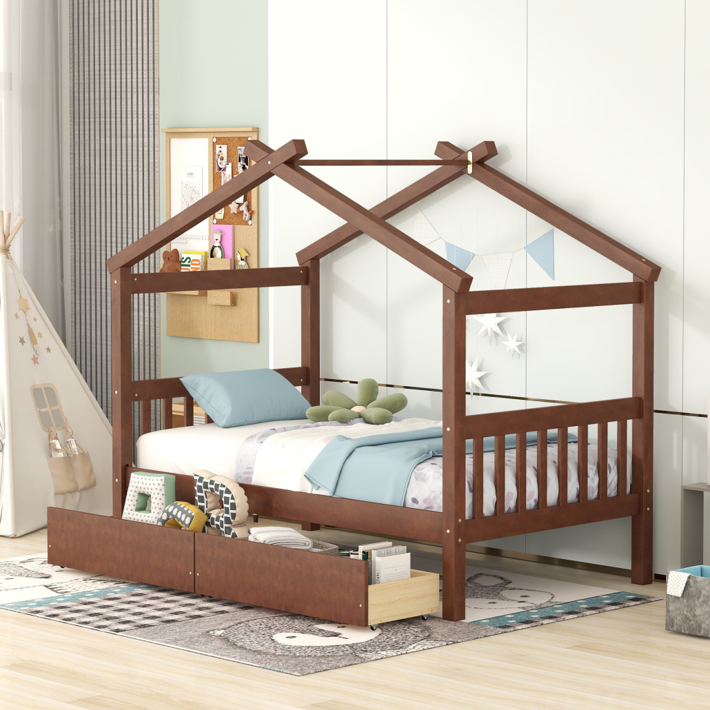 House Bed Frame with Storage Drawers and Roof Design, Wooden House Bed ...