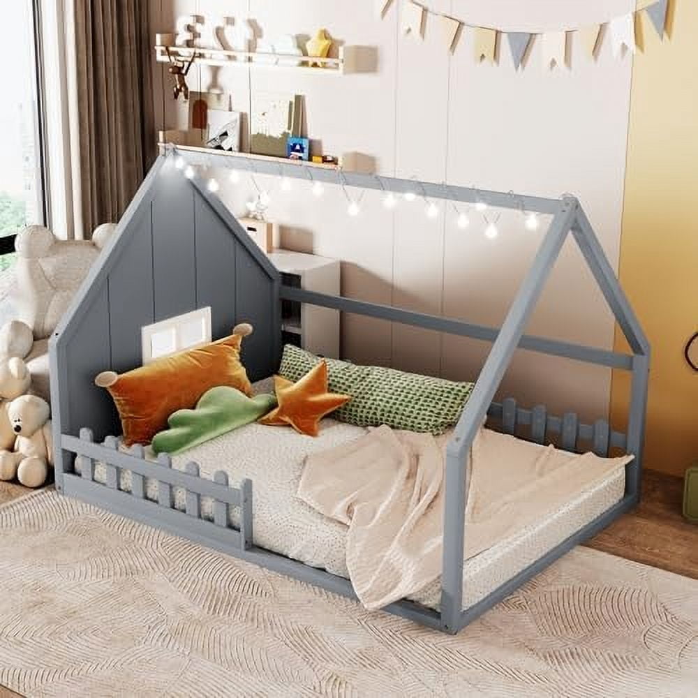 House Bed Full Size, Wood Floor Bed for Kids, Montessori Bed with ...