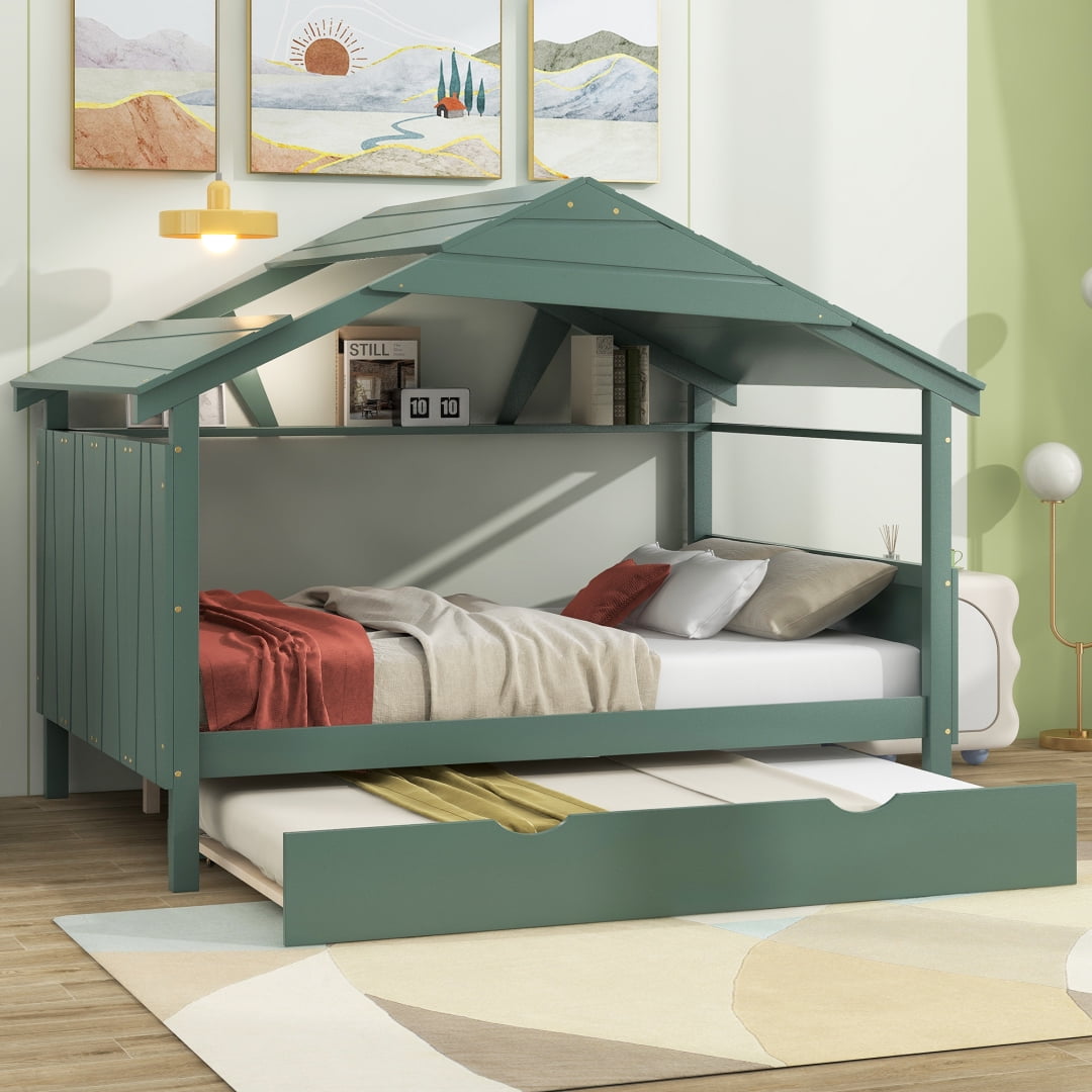 House Bed with Trundle and Storage Shelf, Solid Wood Full Size Platform ...