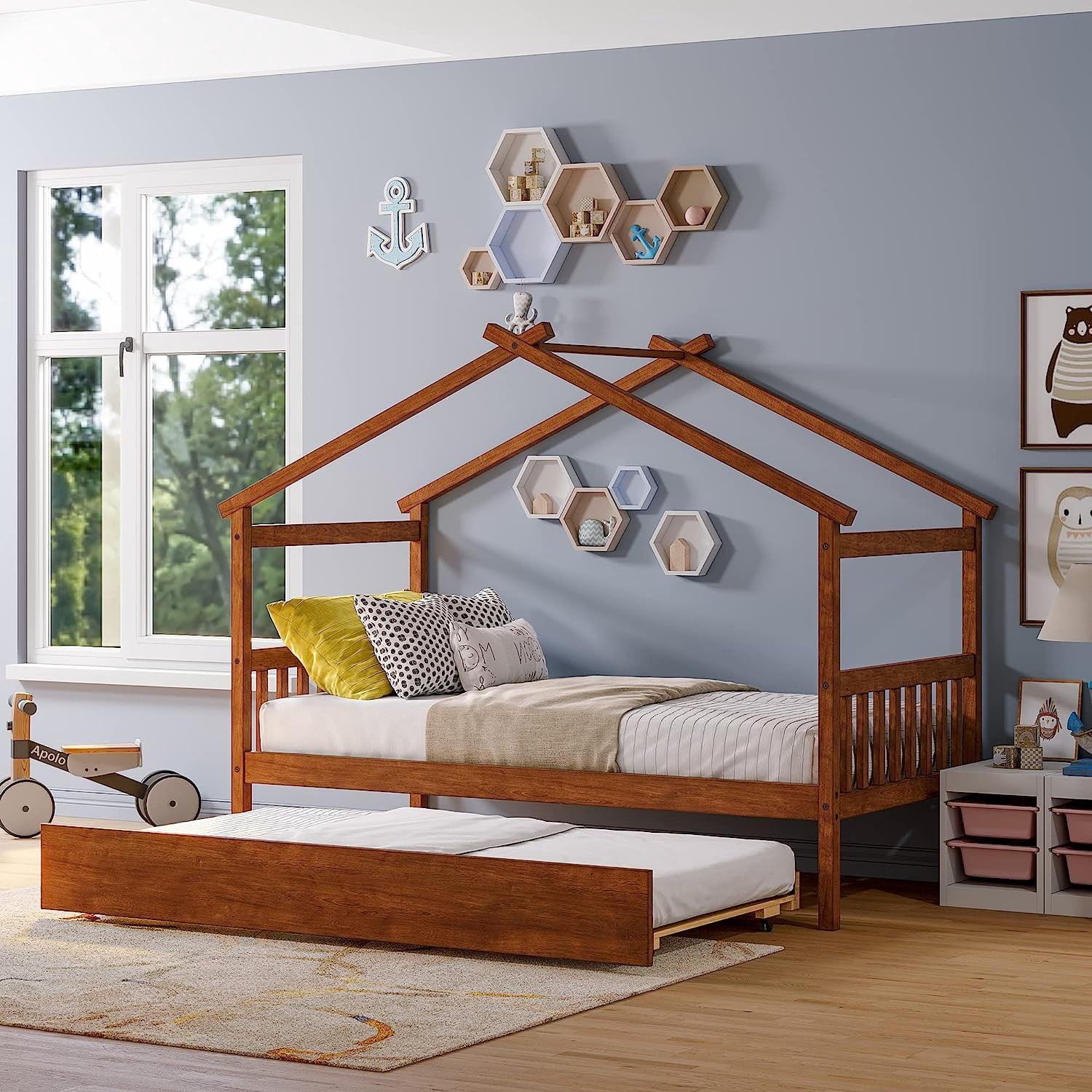 House Bed with Trundle, Twin House Bed for Kids, Wooden Daybed Platform ...