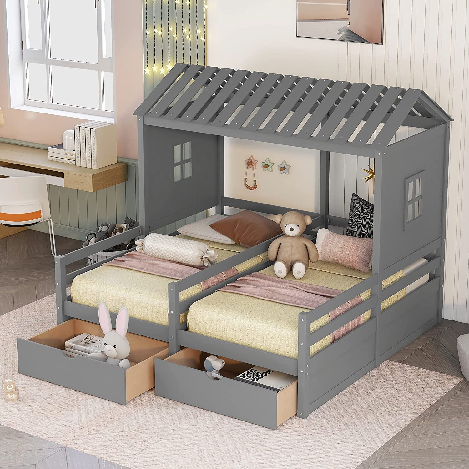 House Bed Twin Size Kids Bed Frame with Fence Montessori with Roof ...