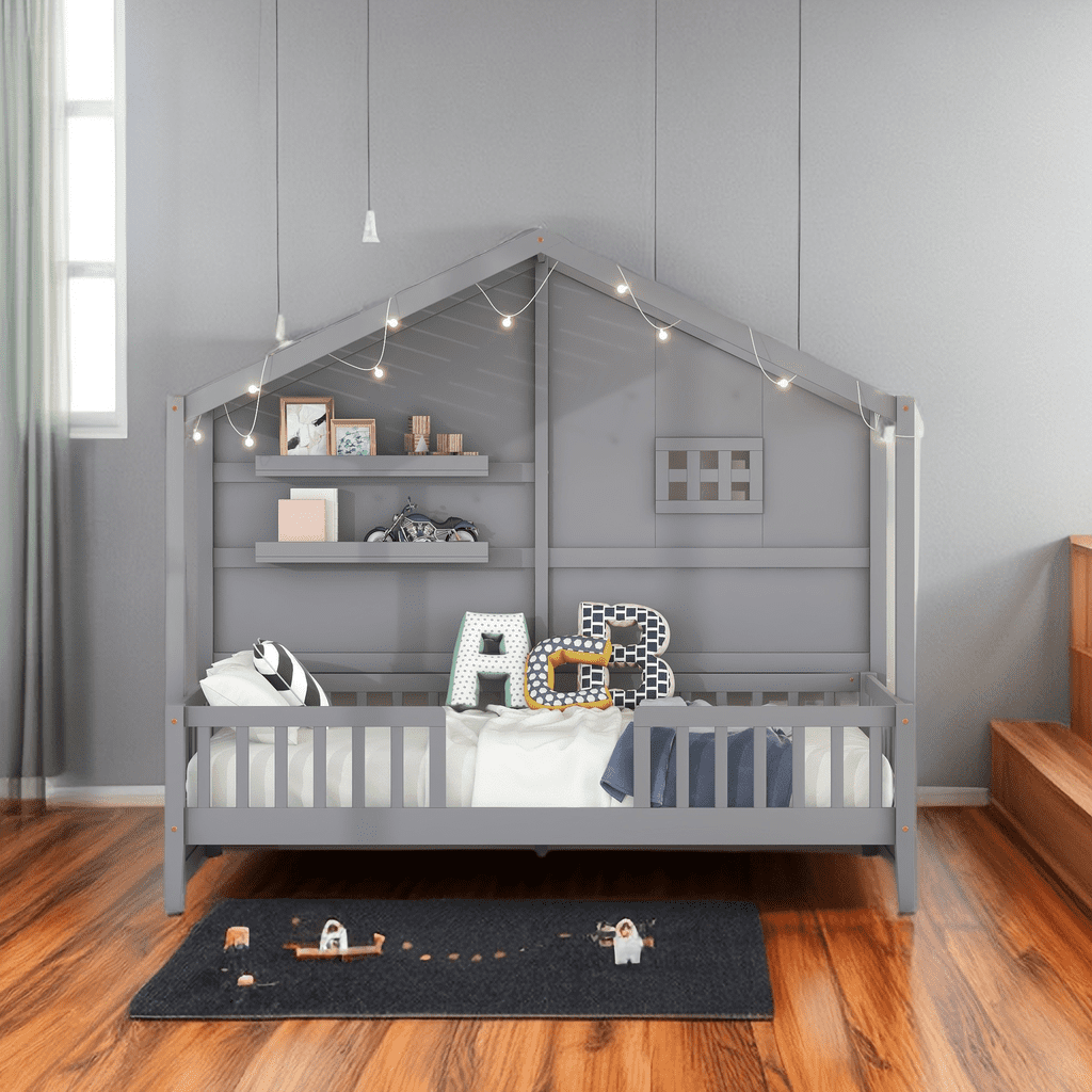 House Bed Twin Size, Solid Wood House Bed Twin with Shelves and Window ...