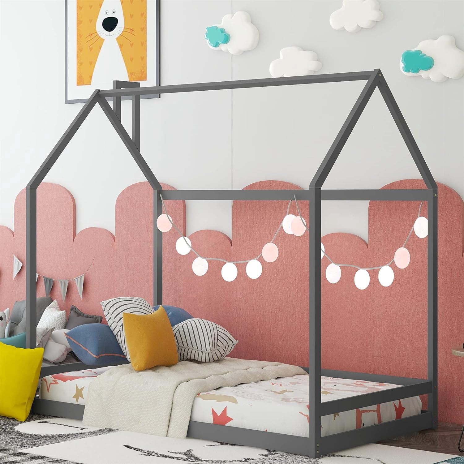 House Bed for Kids, Bed with Roof, Wooden Bed Frame for Kids, Toddlers ...