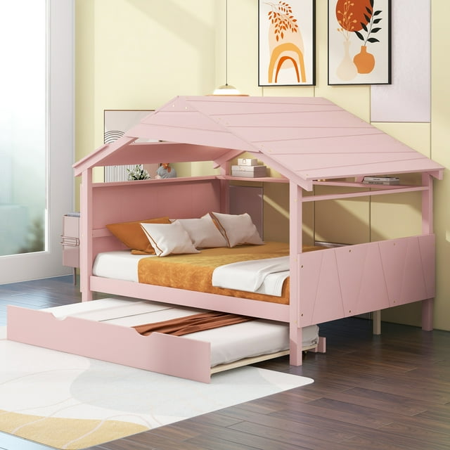 House Bed for Kids, Full Bed with Trundle and Roof, Wood Platform Bed ...