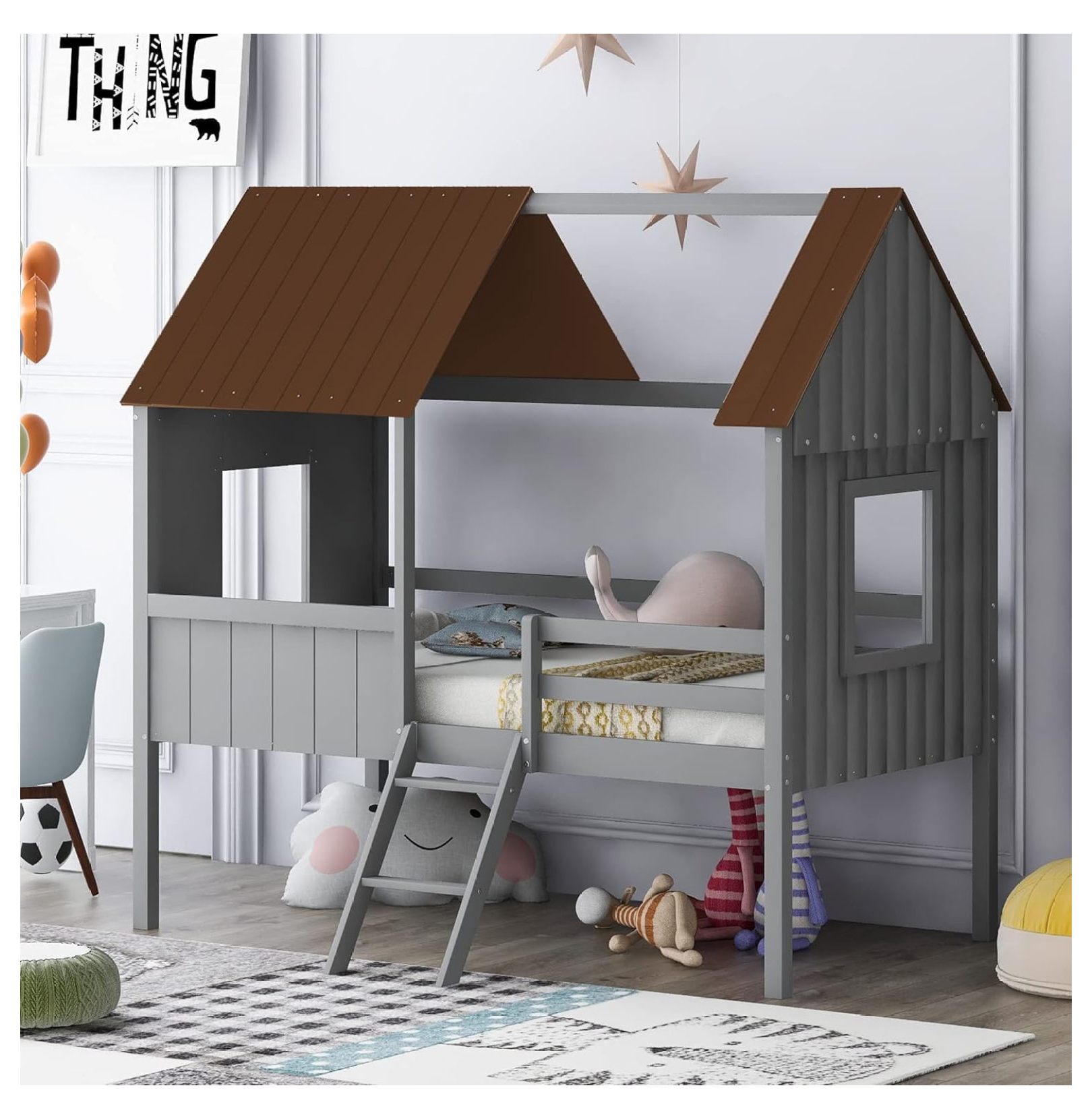 House Bed for Kids Wood Low Loft Bed Frame with Windows and Roof, Easy ...