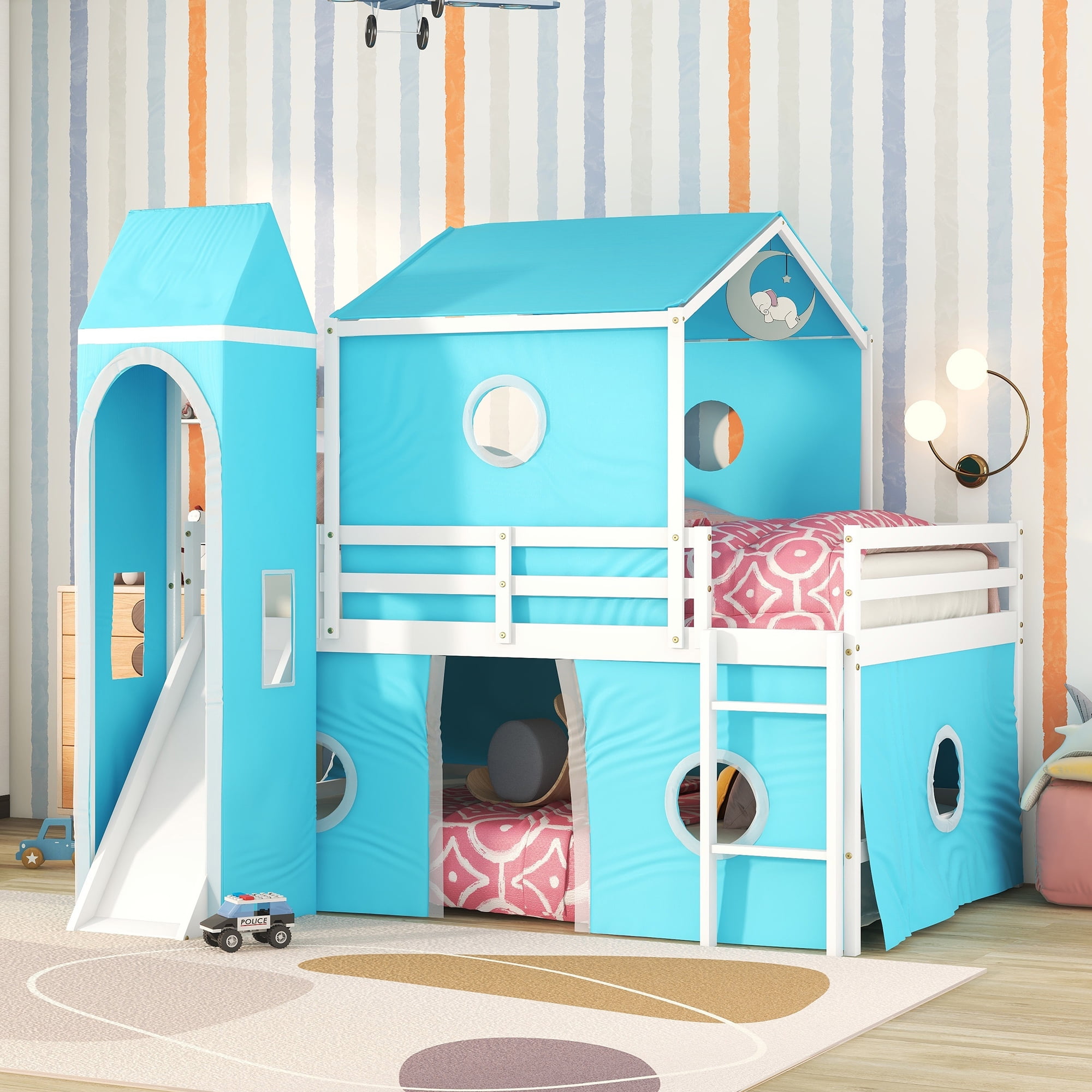 House Bunk Bed Frame with Slide, Tent and Tower, Health and Comfort ...