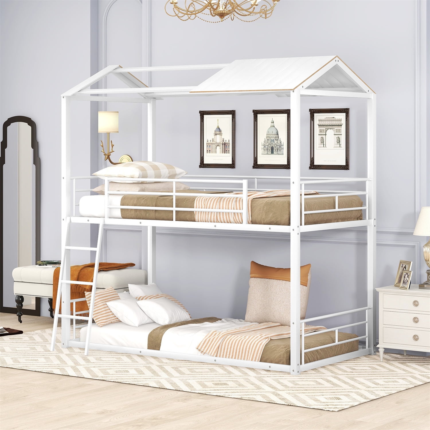 House Bunk Bed with Half Roof, Twin Over Twin Metal Bunk Bed Frame with ...
