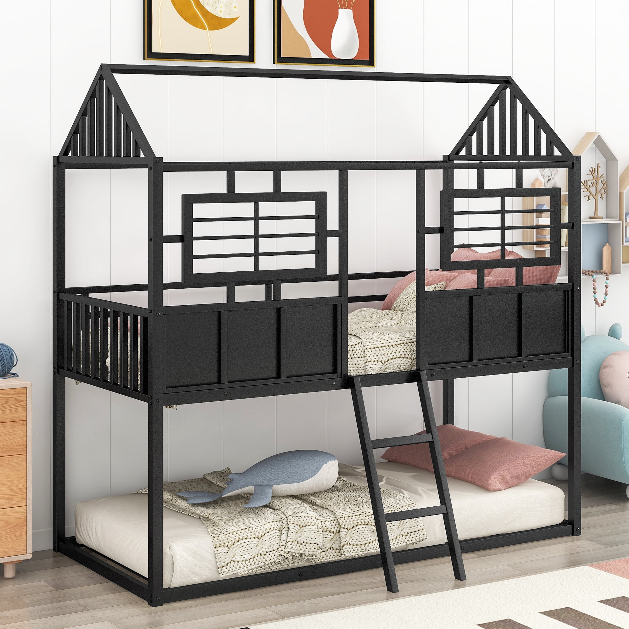 House Bunk Bed with Roof and 2 Front Windows, Metal Twin over Twin Size ...