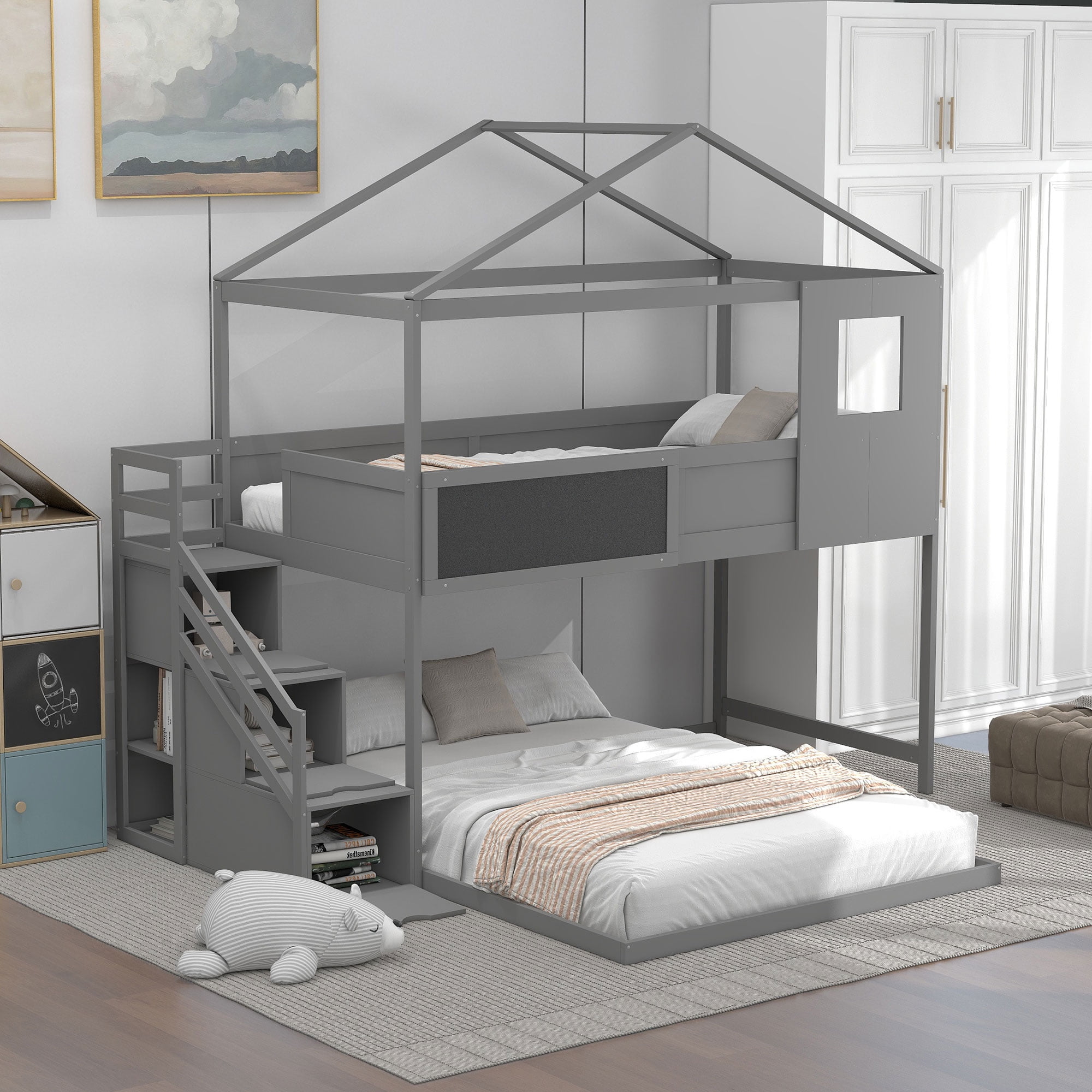 House Bunk Bed with Roof, Twin Over Full Loft Bunk Bed with Storage ...