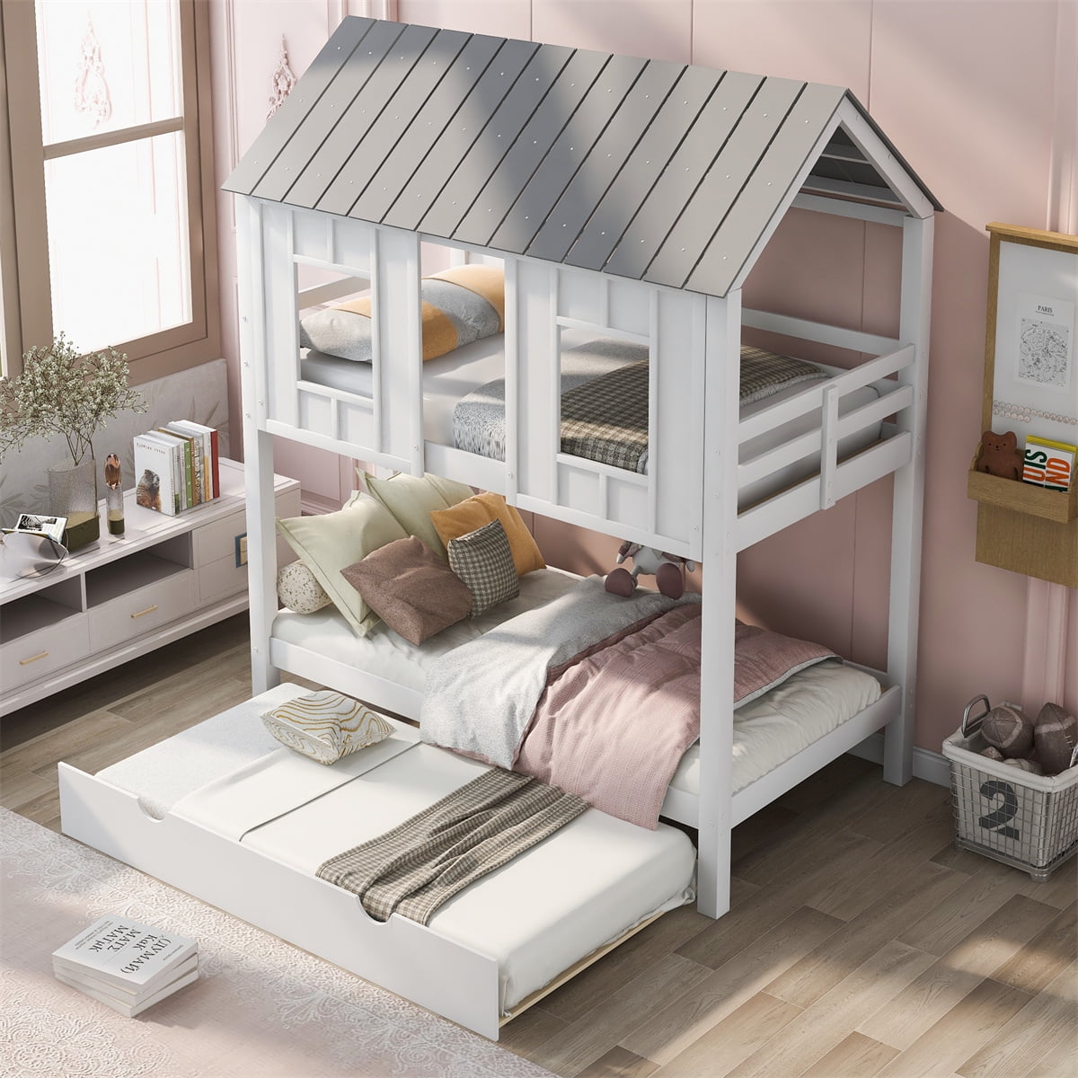 House Bunk Bed with Trundle Twin over Twin Bunk Bed Frame Wood Twin Bunk Bed with Trundle Roof and Windows Bedroom Furniture for Girls Boys and