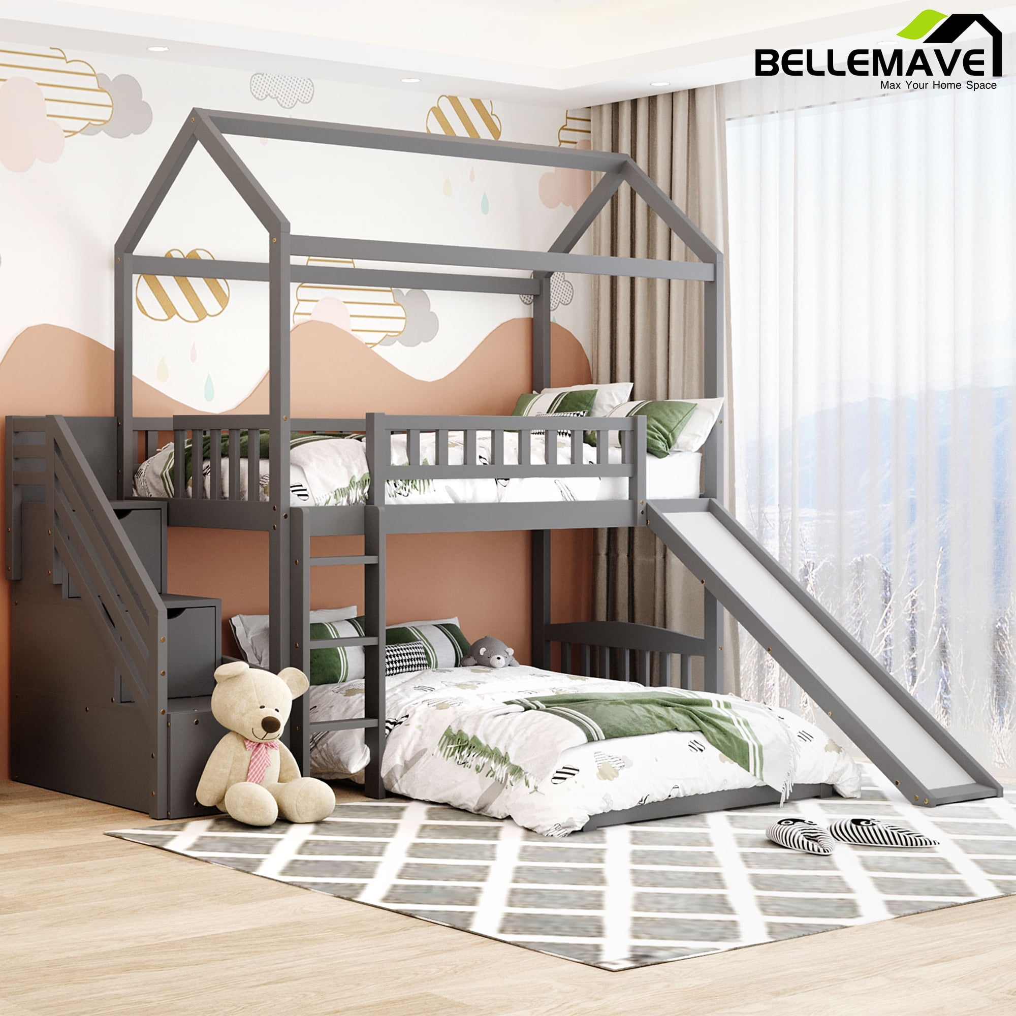 House Bunk Bed Twin over Twin, Twin Bunk Bed with Slide, Stairs, Ladder ...