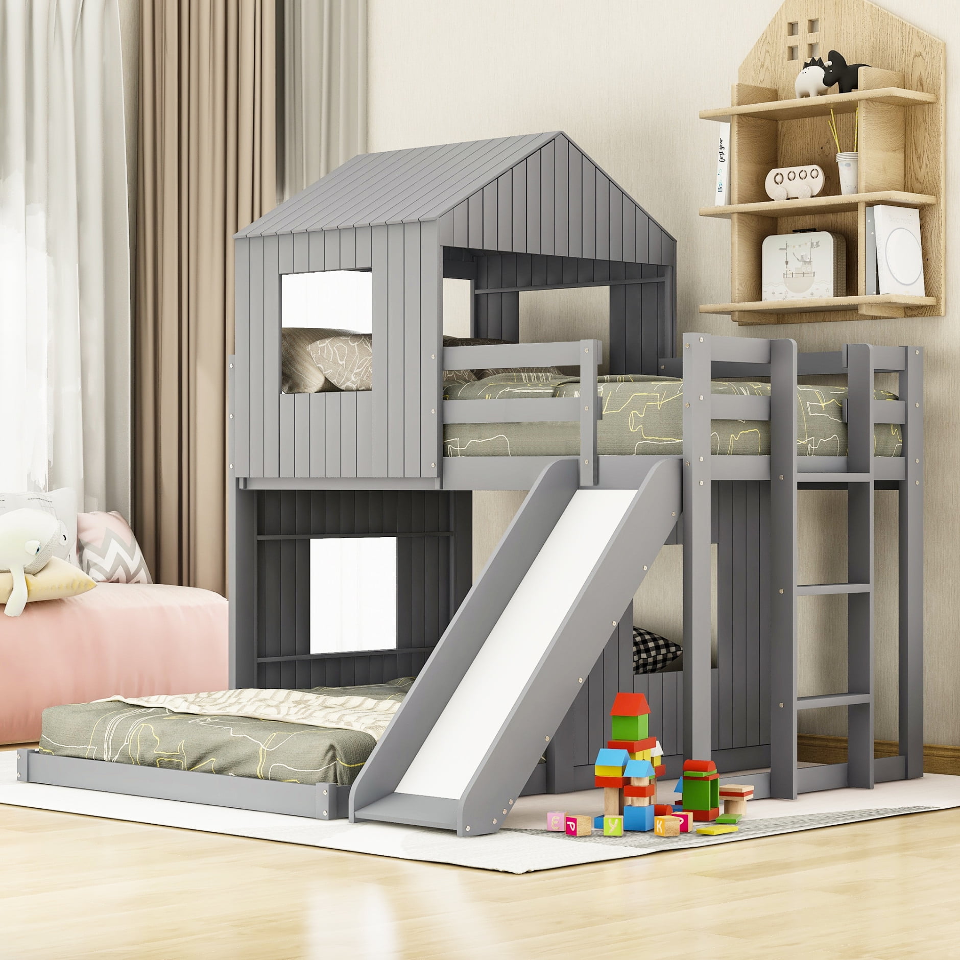 House Bunk Beds, L-Shaped Twin Over Full Bunk Bed with Convertible ...