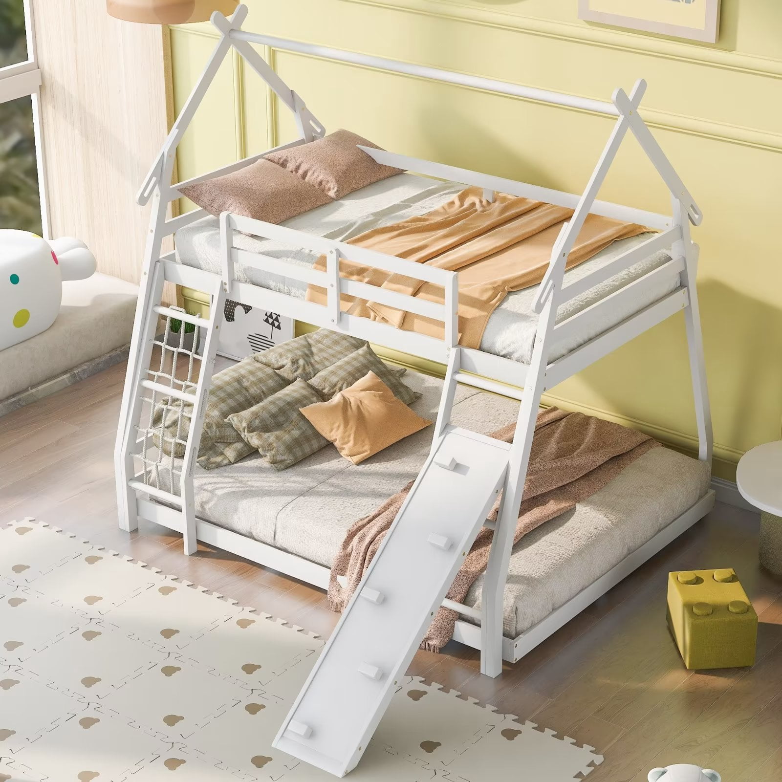 House Bunk Beds Twin over Queen Size with Climbing Nets and Climbing ...