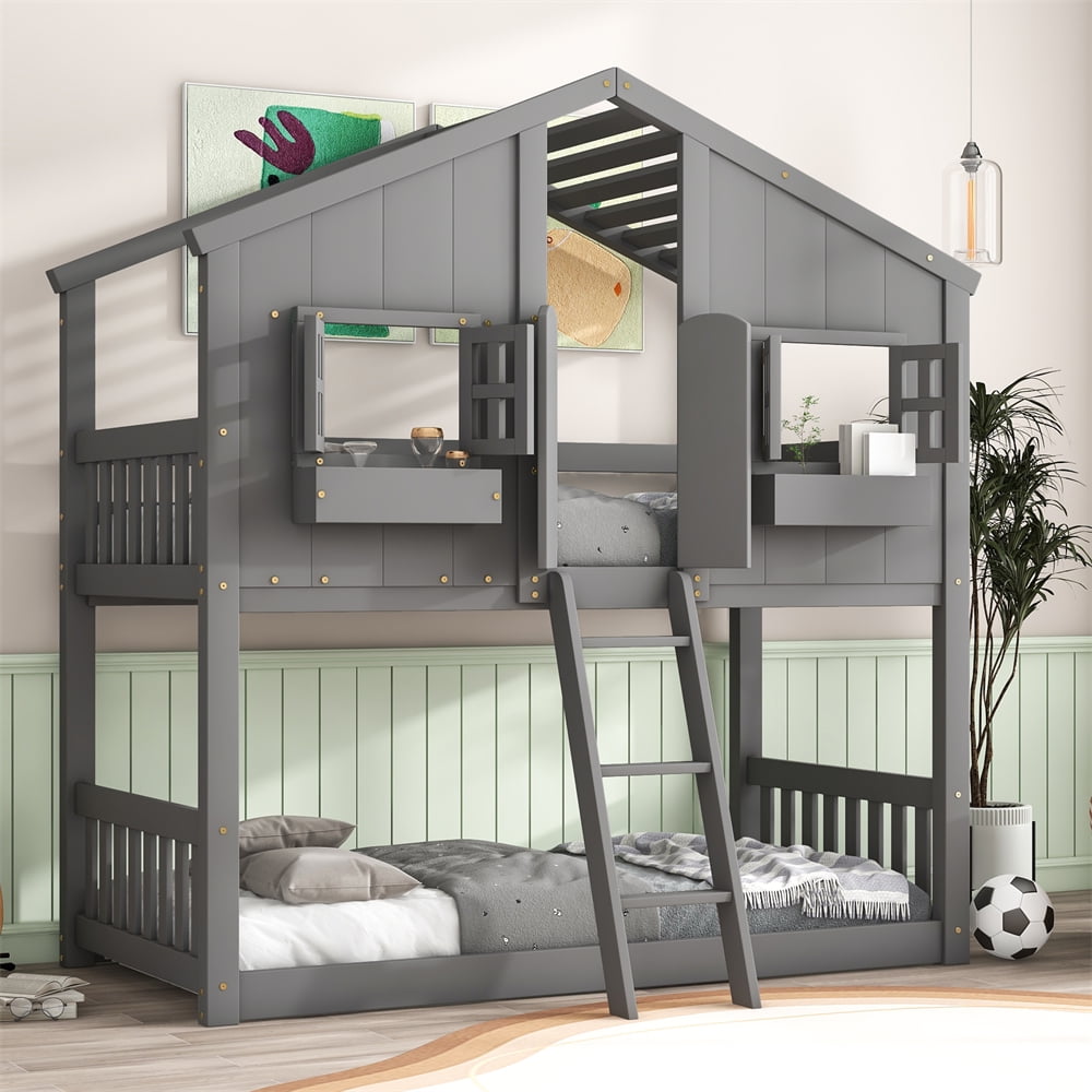House Bunk Beds, Twin over Twin Wood Bunk Bed Frame with with Roof ...