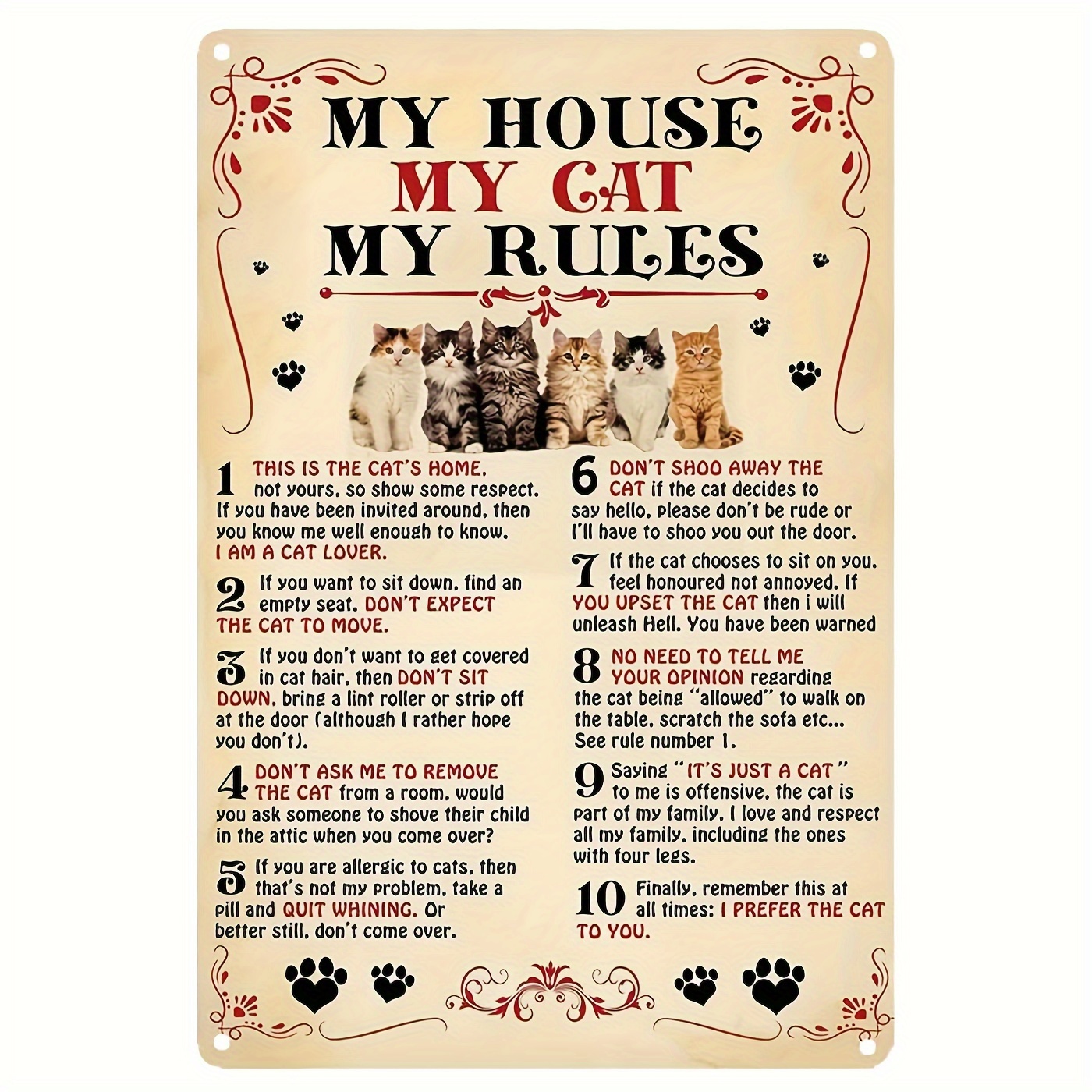 My House My Cat My Rules - Cat's Vintage Wall Decoration - Cat Lovers ...