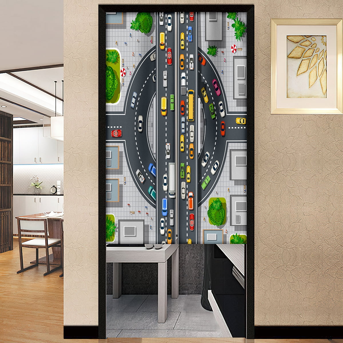 House Colorful Cars Road Trees Door Curtains Road Traffic Cartoon City ...